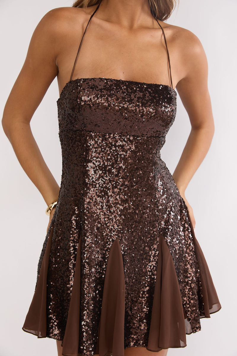 Shop the Belora Halterneck Godet Hem Mini Dress Dk Brown