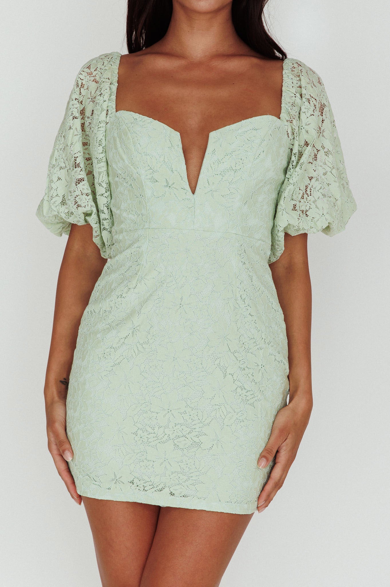 Shop the Good Vibes Puff Sleeve Deep V-Neckline Lace Mini Dress Sage