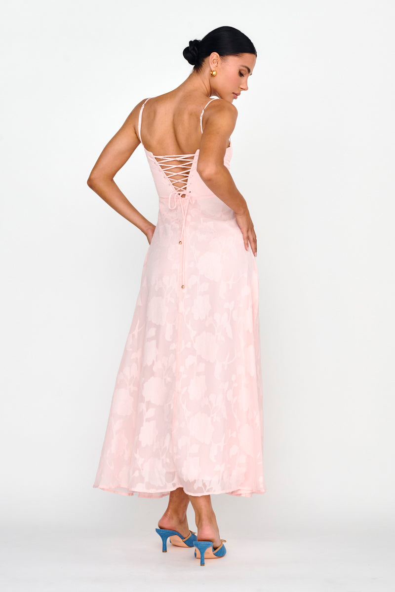 Shop the Well Wishing Textured Laced Back Midi Dress Pink