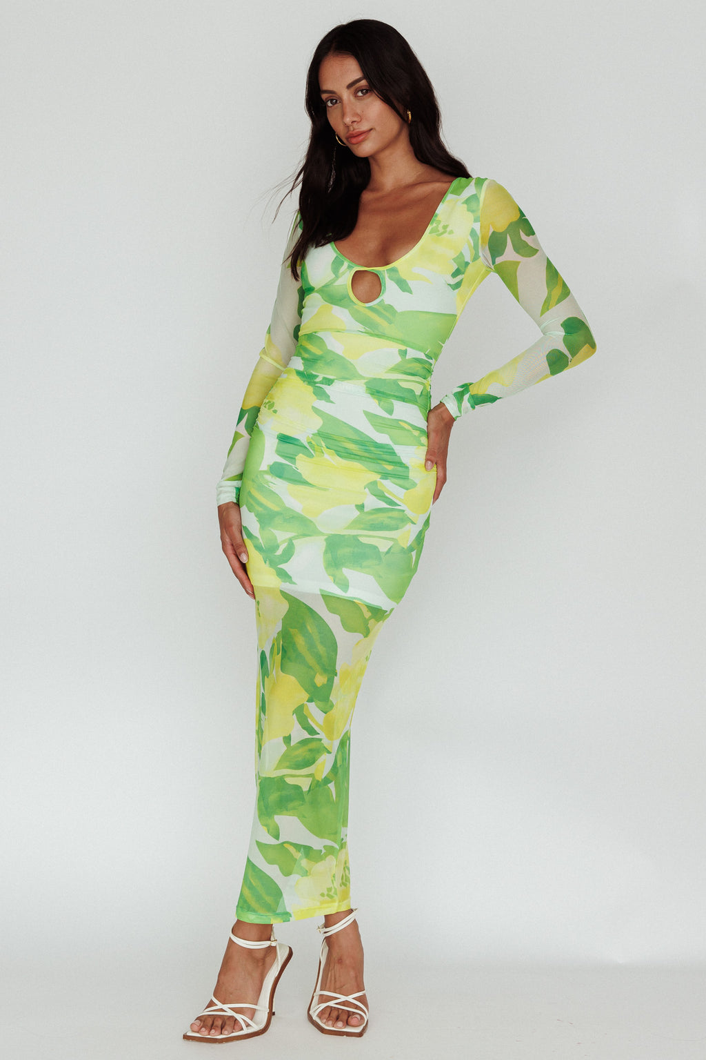 Chardae Long Sleeve Mesh Midi Dress Floral Green | Selfie Leslie Australia