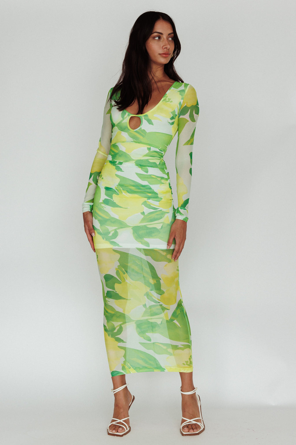 Chardae Long Sleeve Mesh Midi Dress Floral Green– Selfie Leslie Australia