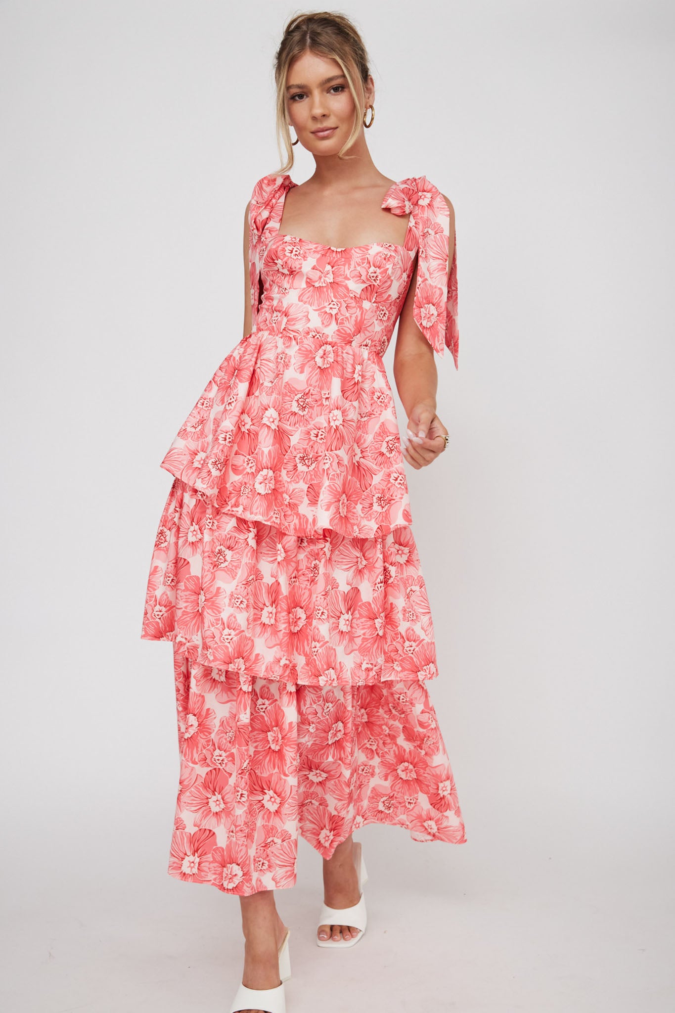 Shop the Arlowe Tied Shoulder Tiered Midi Dress Floral Pink | Selfie ...