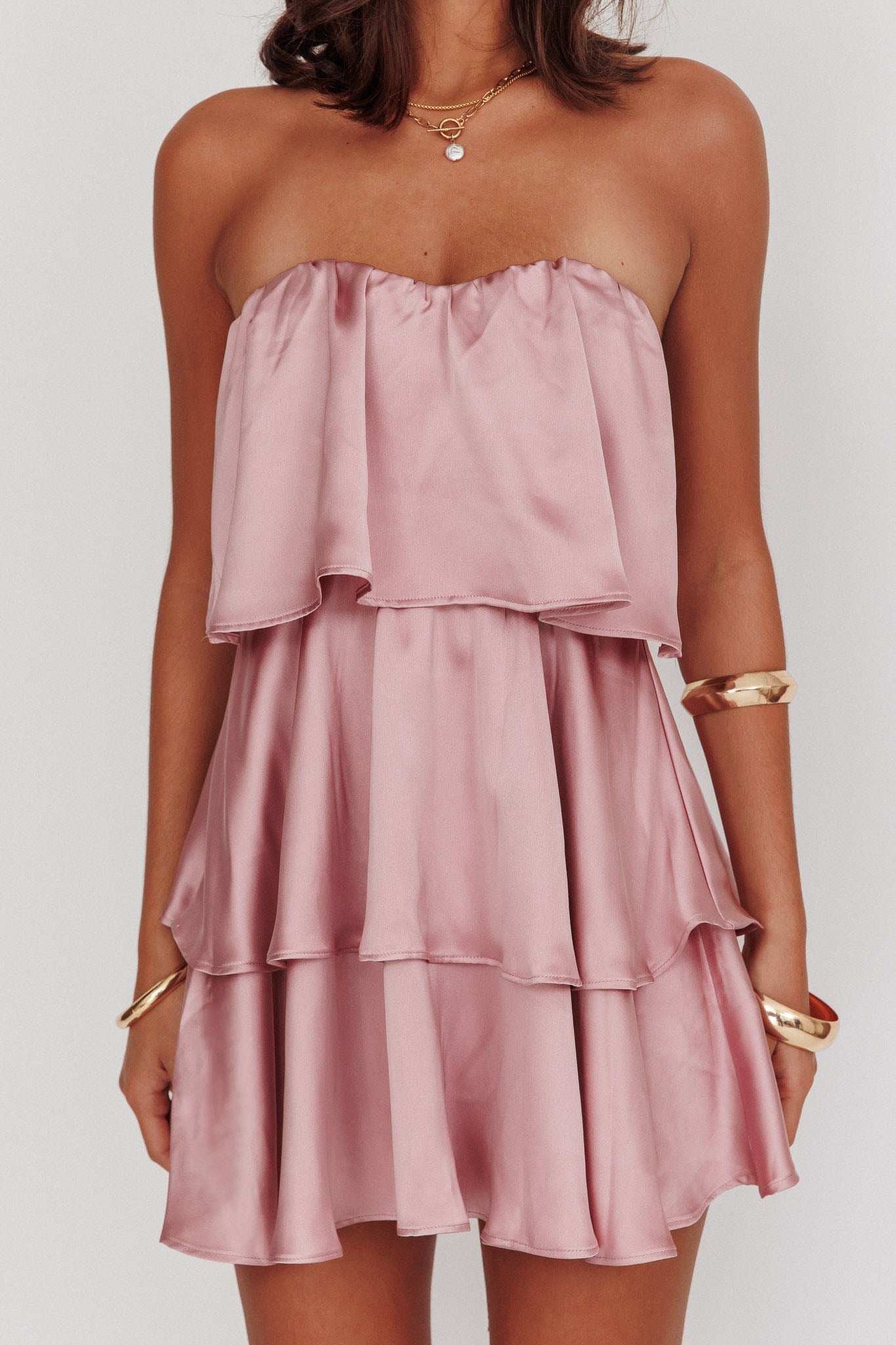 Shop the Behati Tiered Layer Strapless Dress Dusty Rose | Selfie Leslie ...
