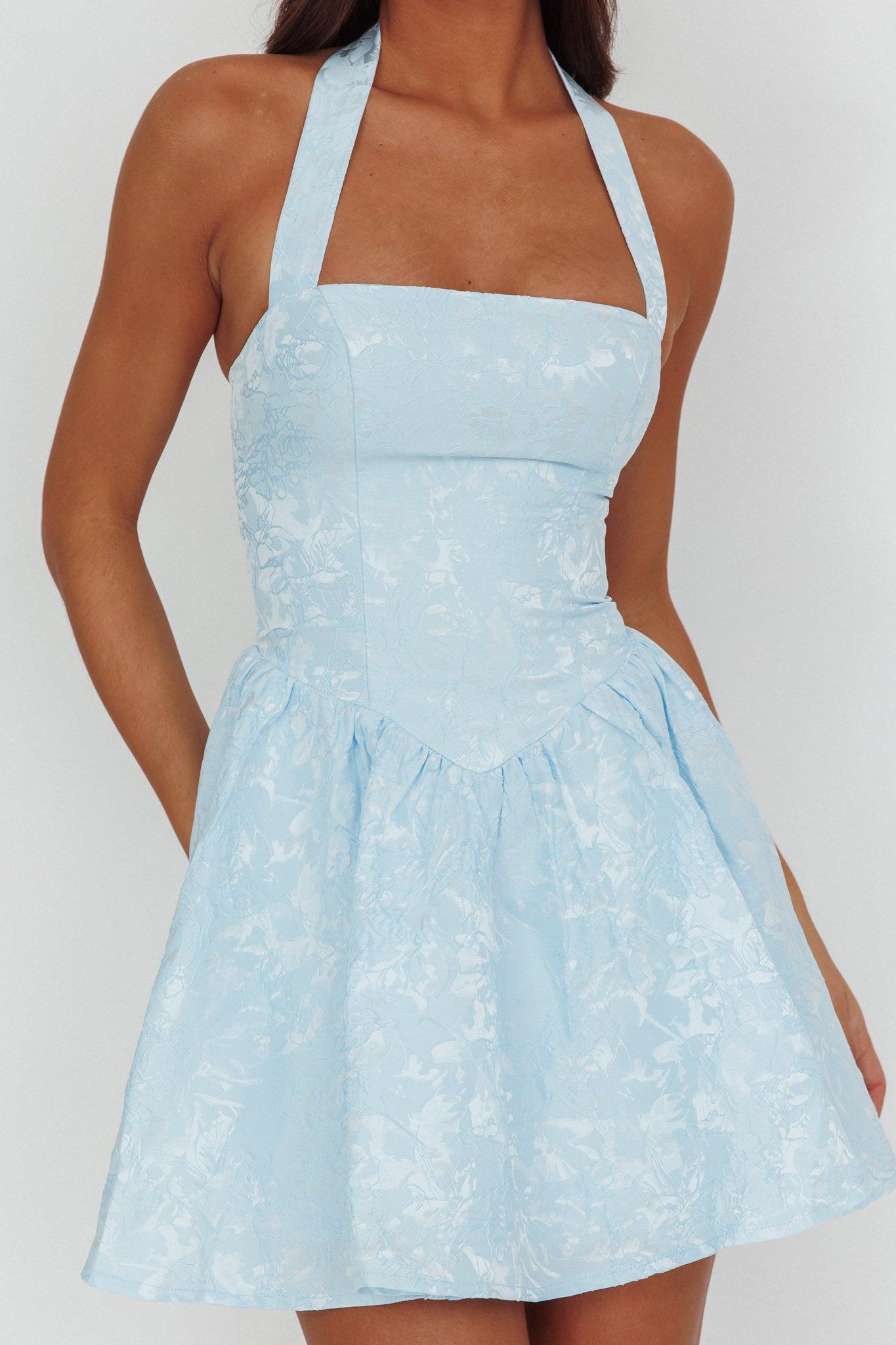 Shop the Serrah Halter Mini Dress Jacquard Blue