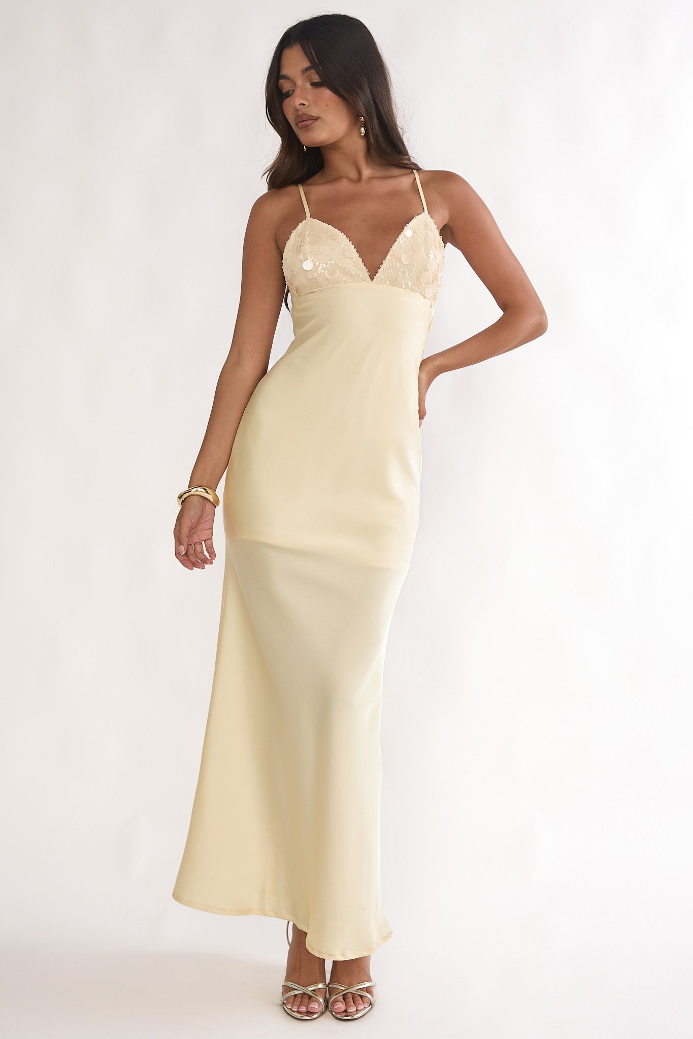 Brynn Sequin Bust Open Back Maxi Dress Butter | Selfie Leslie Australia