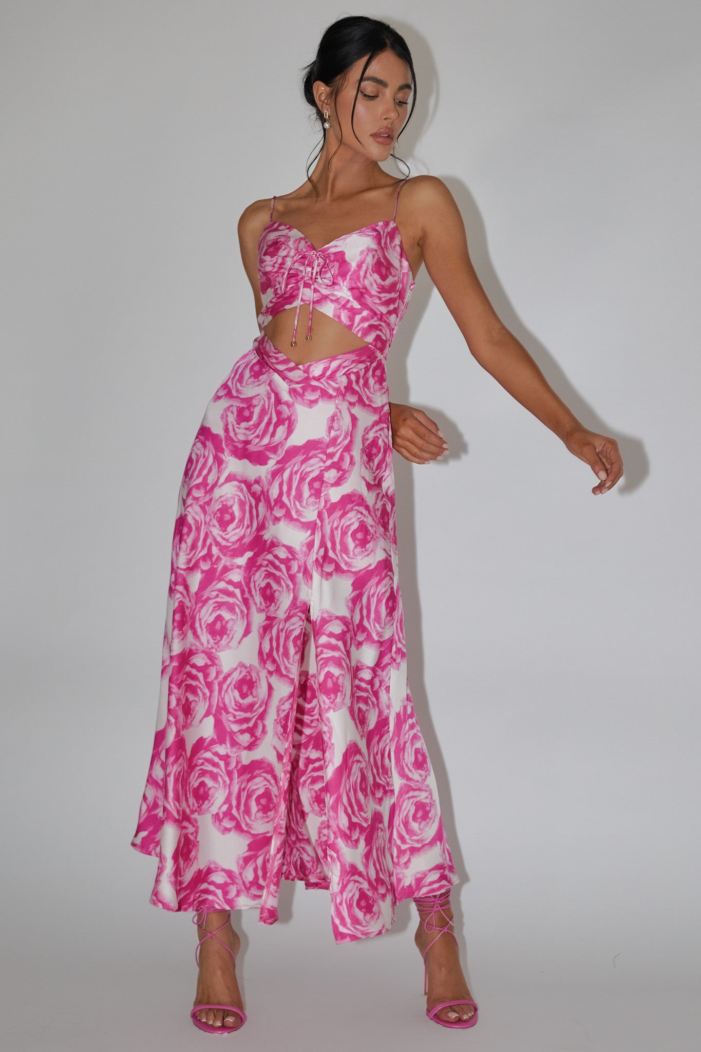 Shop the Twin Flame Drawstring Bust Midi Dress Floral Pink