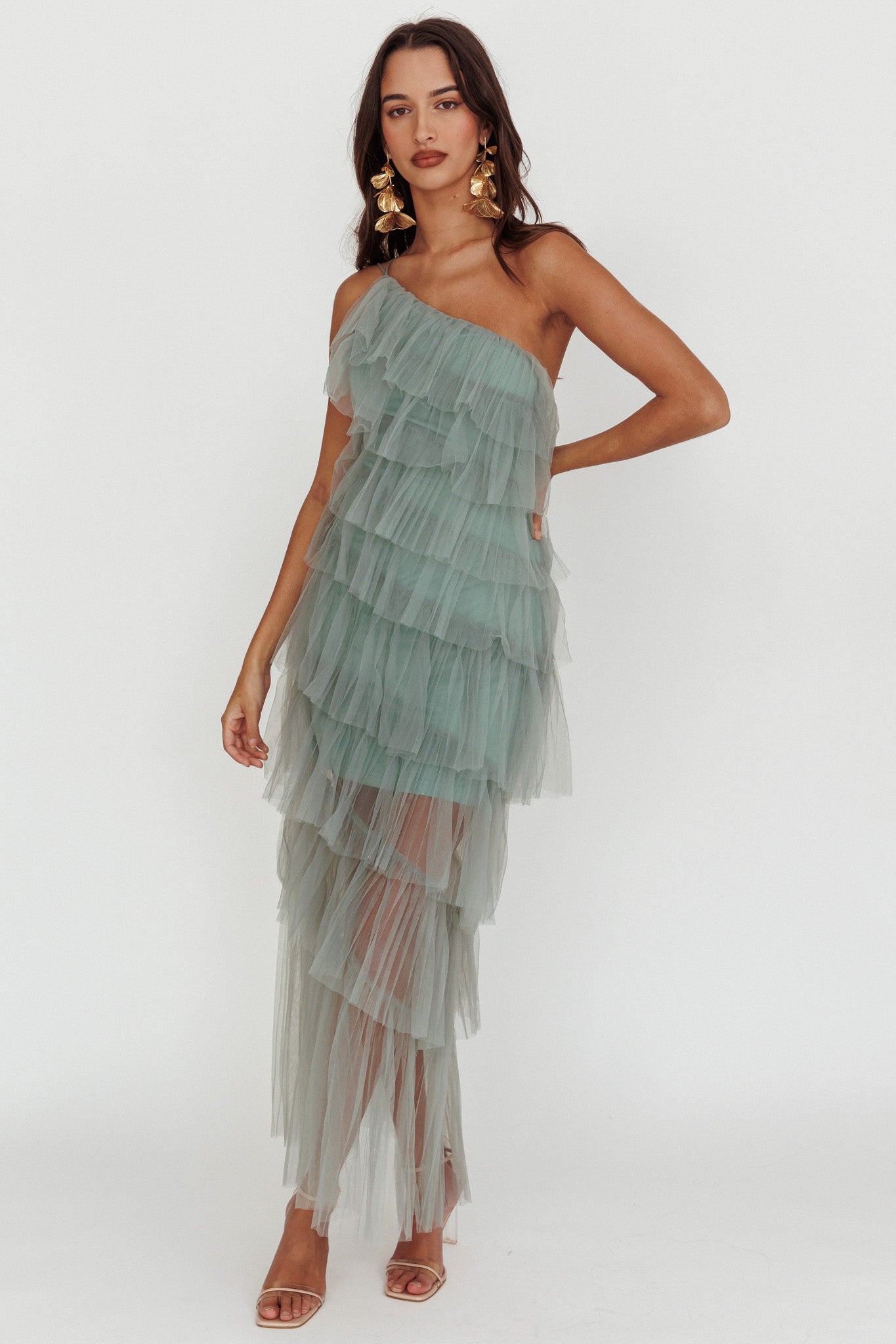 Shop the Arrabel Tiered Ruffle Tulle Maxi Dress Sage