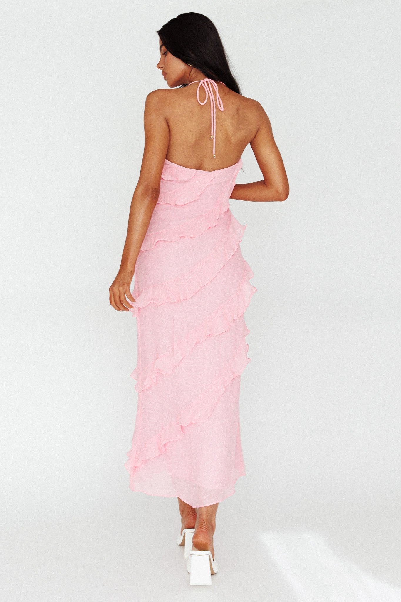 Shop the Arrabel Halterneck Ruffle Maxi Dress Pink