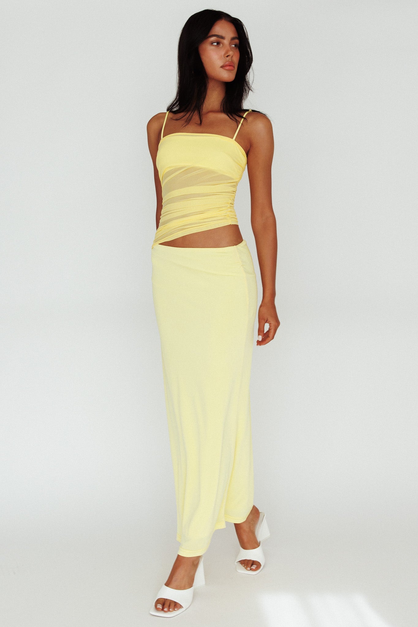 Lorely Ruched Bodice Midi Dress Yellow | Selfie Leslie Australia