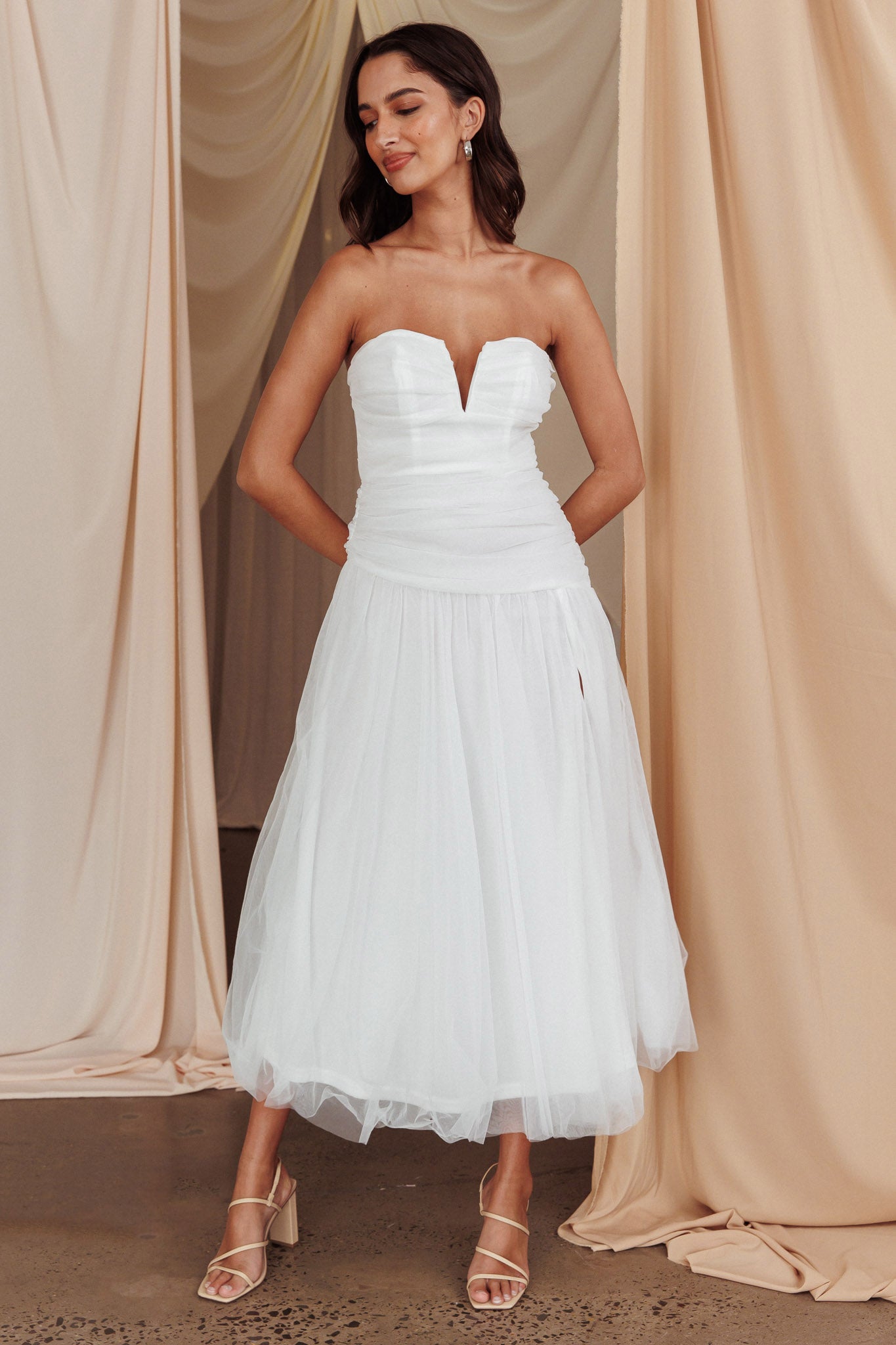 Shop the Daphnie Drop Waist Tulle Midi Dress White | Selfie Leslie ...