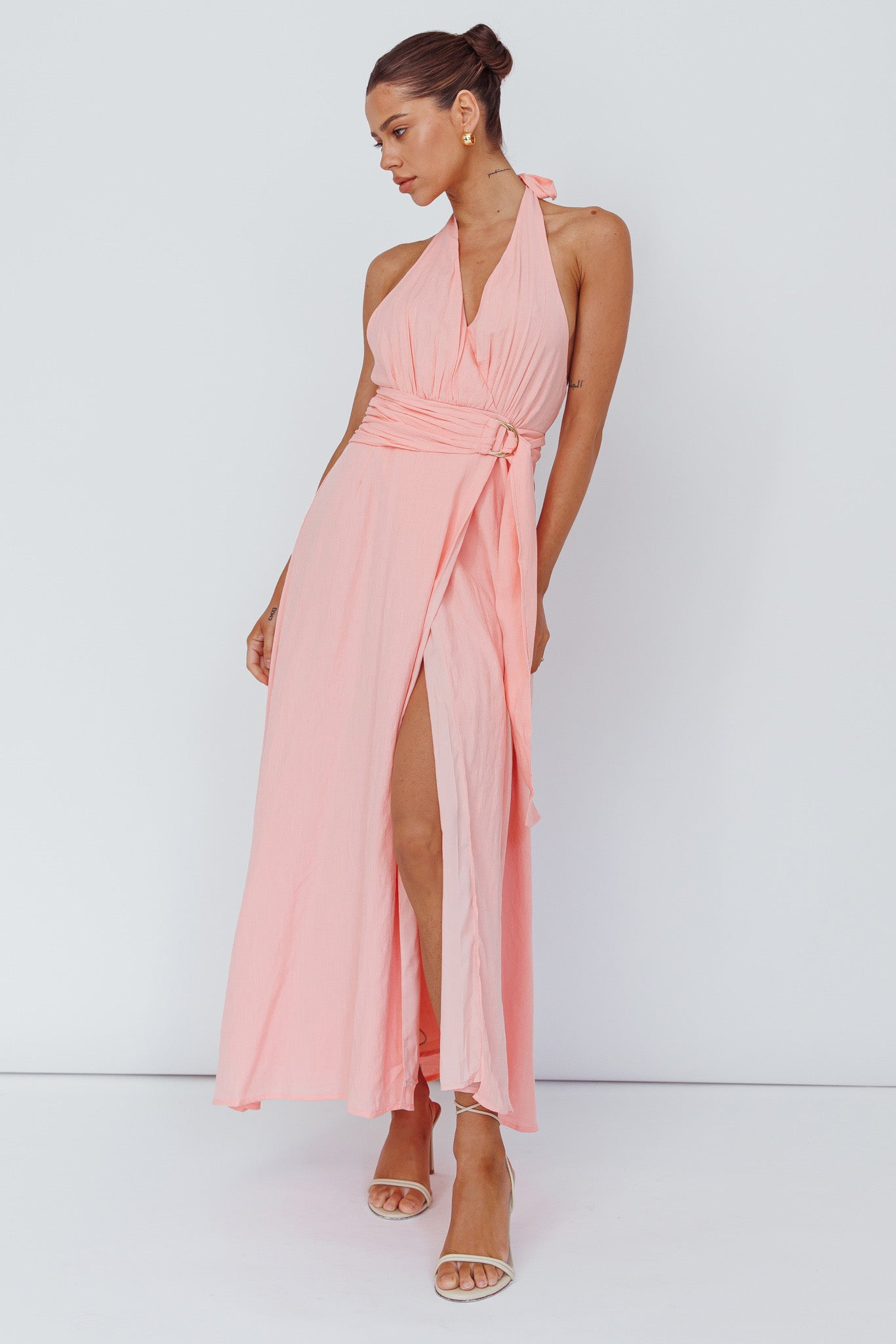 Shop the Spring Feels Halterneck Belt Maxi Dress Peach | Selfie Leslie ...