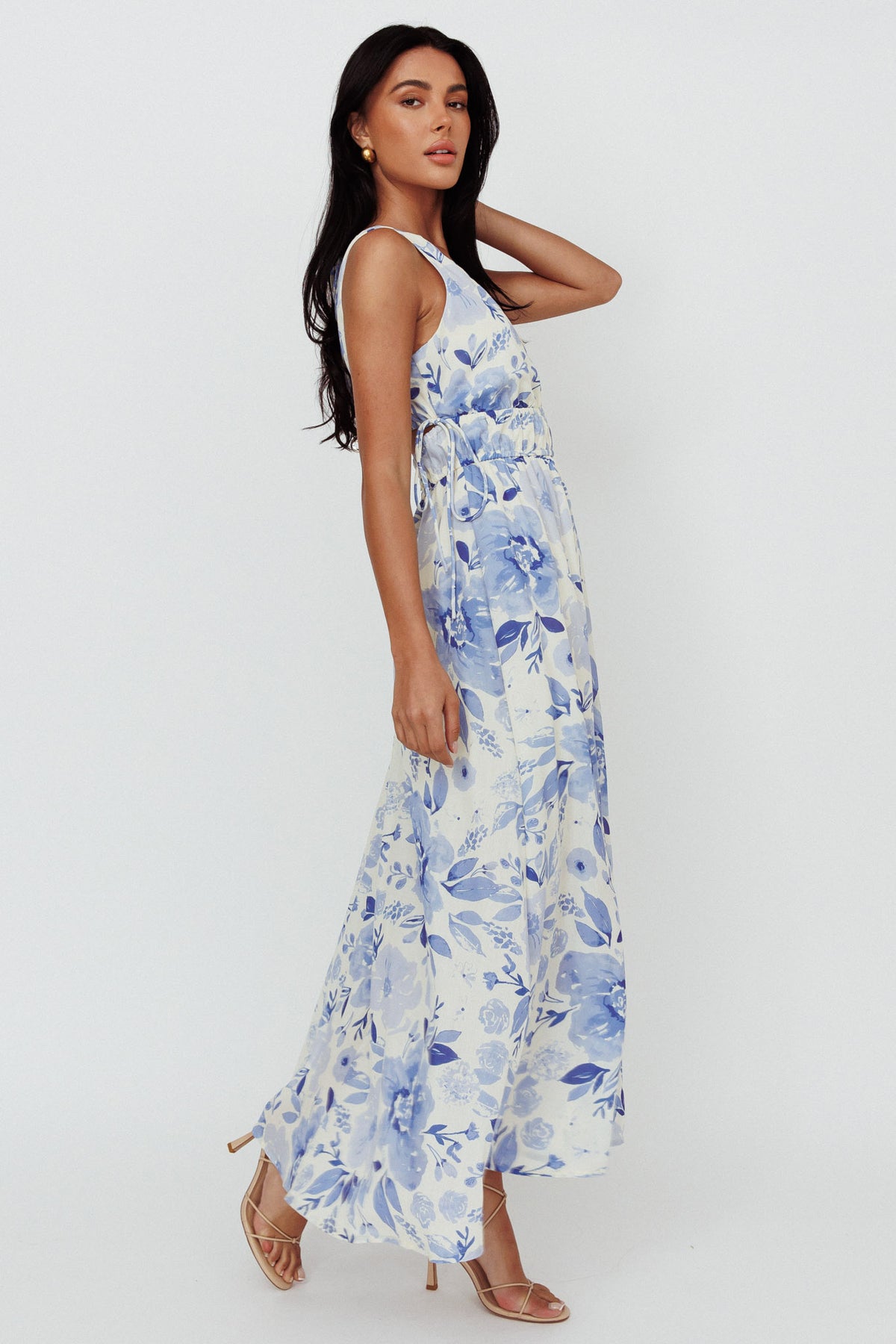 Perla V-Neck Drawstring Maxi Dress Floral Blue | Selfie Leslie Australia
