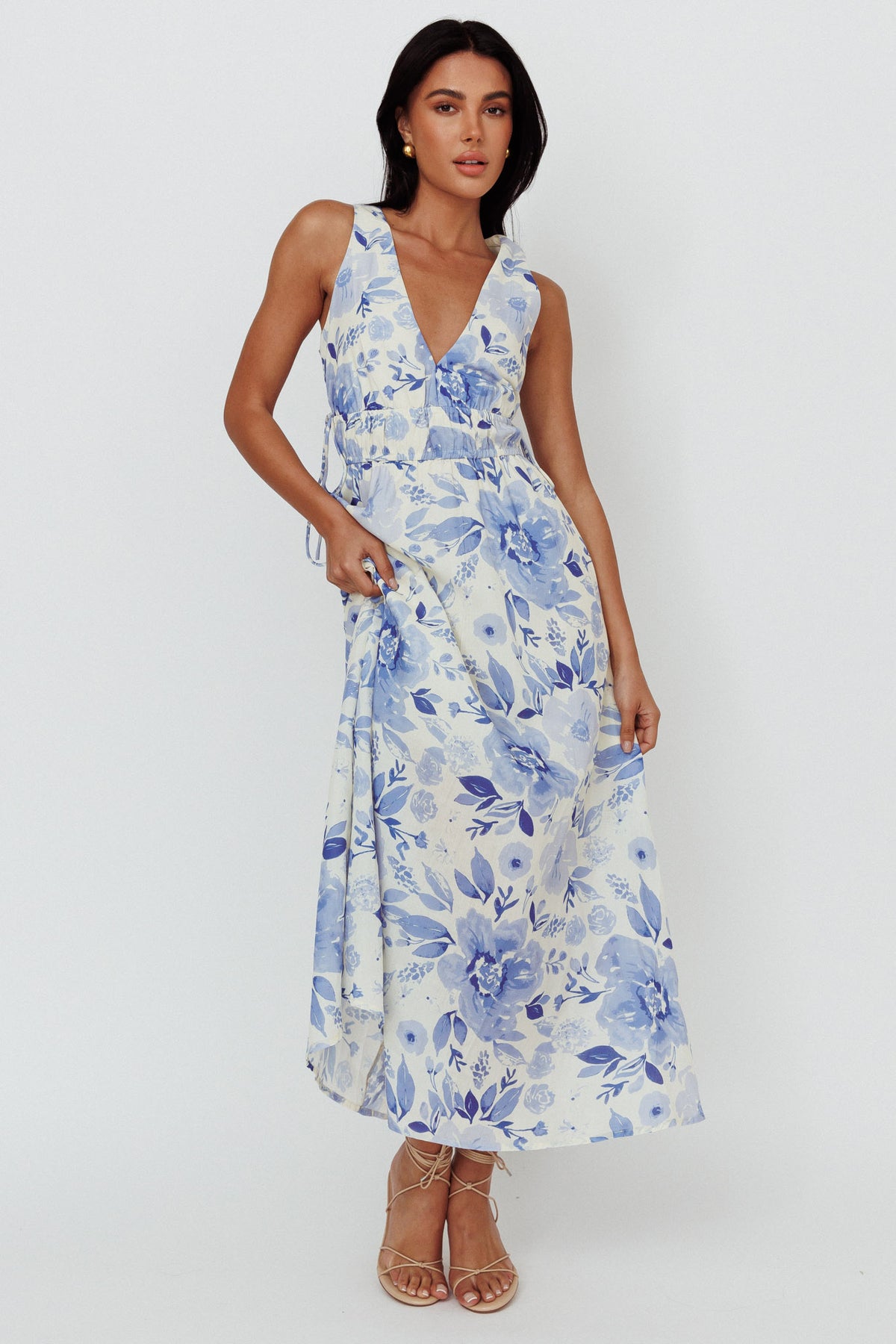 Perla V-Neck Drawstring Maxi Dress Floral Blue | Selfie Leslie Australia