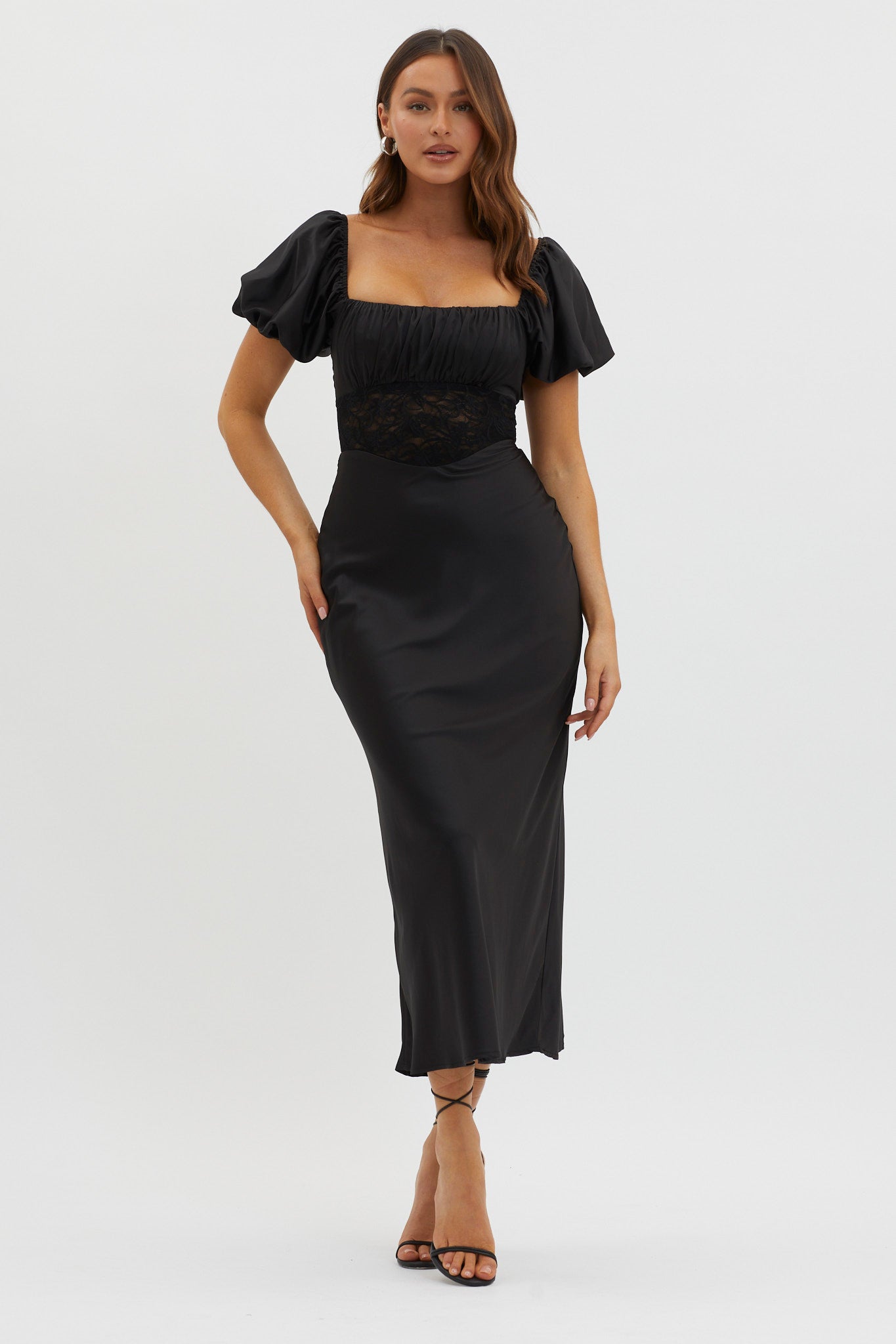 Allianna Puff Sleeve Lace Waist Midi Dress Black | Selfie Leslie Australia