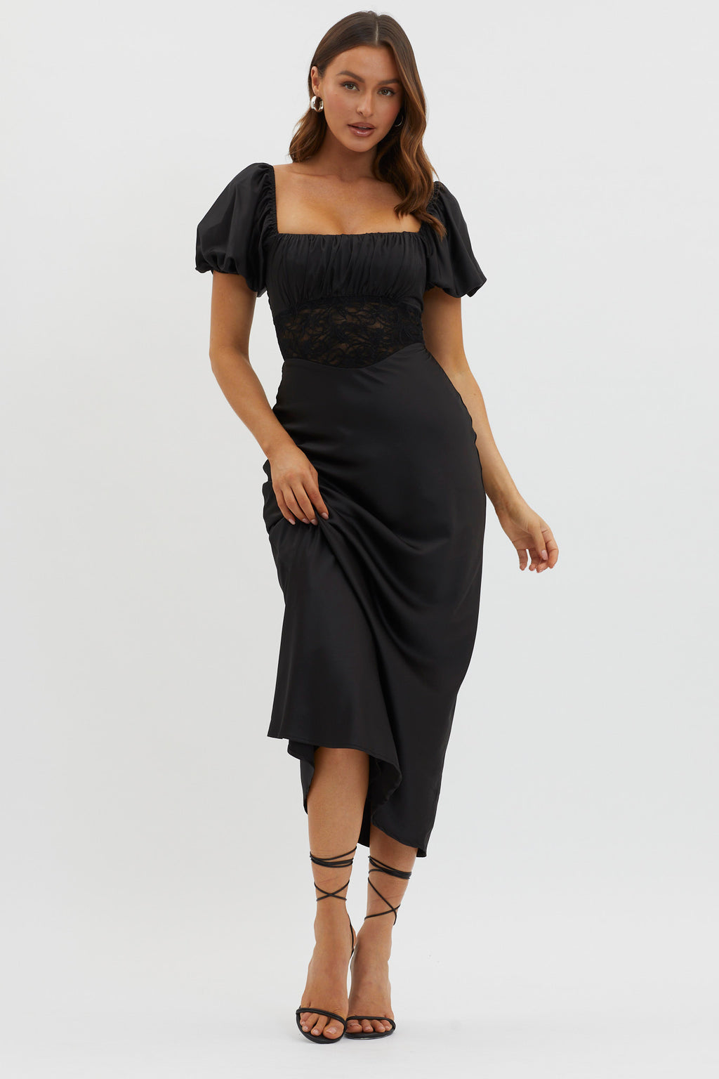 Allianna Puff Sleeve Lace Waist Midi Dress Black | Selfie Leslie Australia