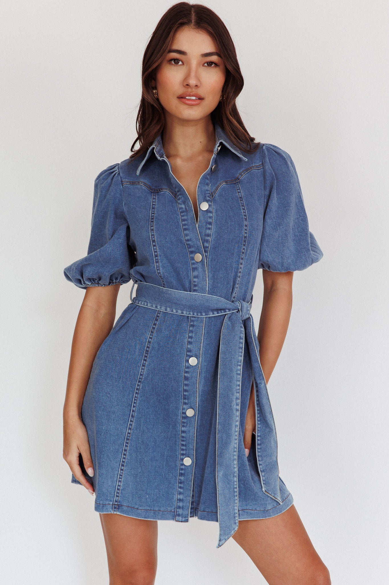 Shop the Myleigh Puff Sleeve Waist Tie Mini Dress Denim Blue | Selfie ...