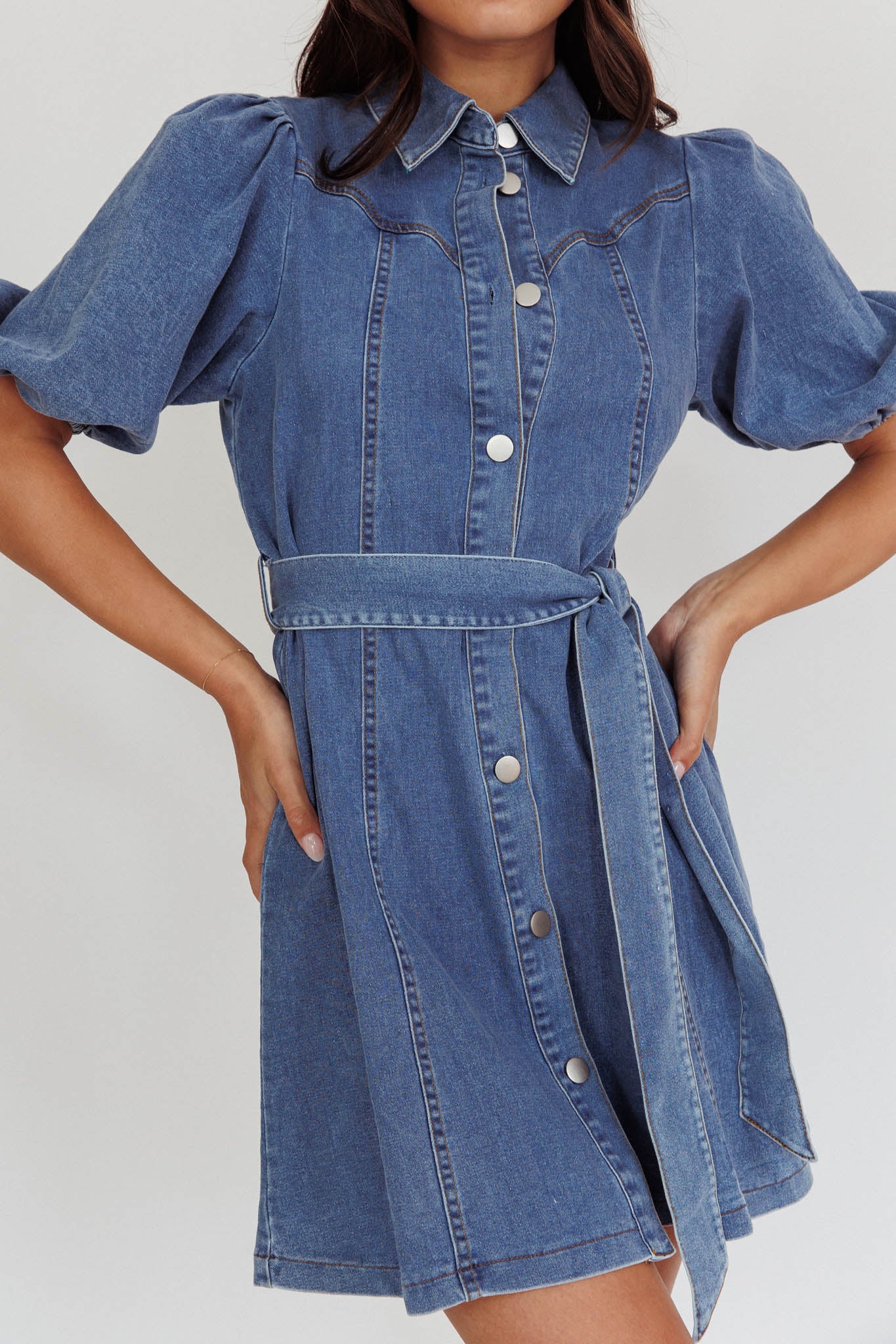 Shop the Myleigh Puff Sleeve Waist Tie Mini Dress Denim Blue | Selfie ...
