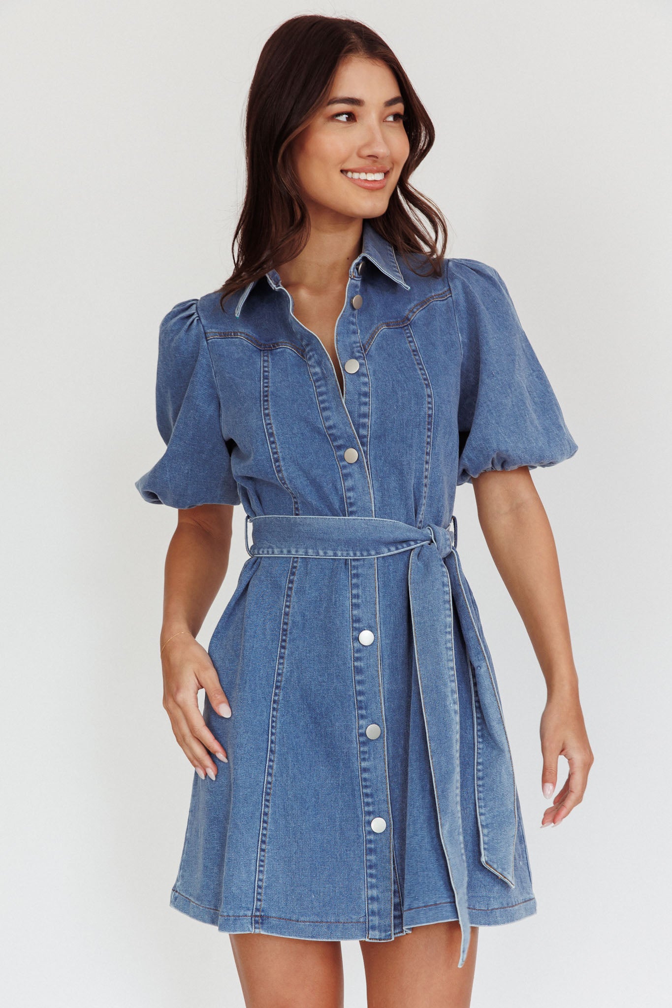 Shop the Myleigh Puff Sleeve Waist Tie Mini Dress Denim Blue | Selfie ...