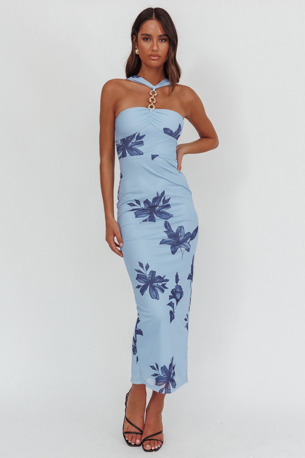 Maretha Gold Link Neckline Maxi Dress Lily Blue | Selfie Leslie Australia