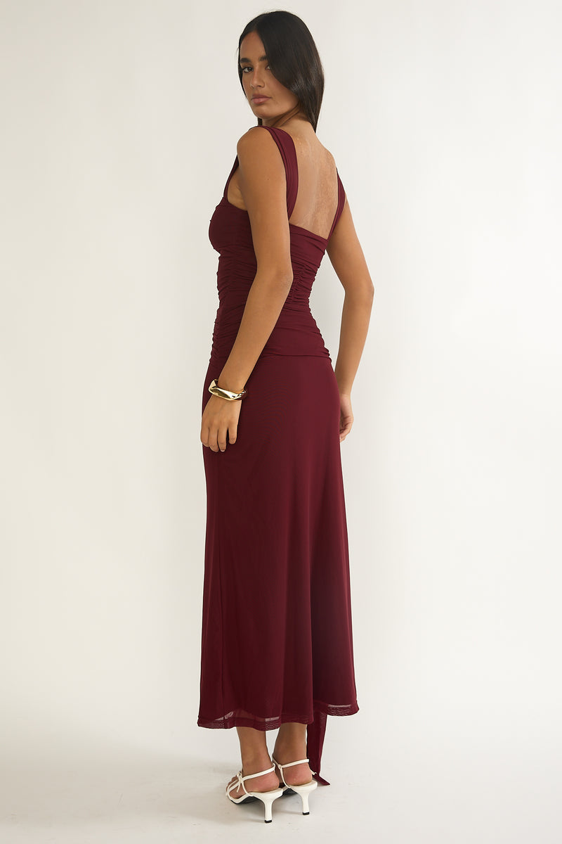 Shop the Emara Ruched Waist Sash Maxi Dress Burgundy
