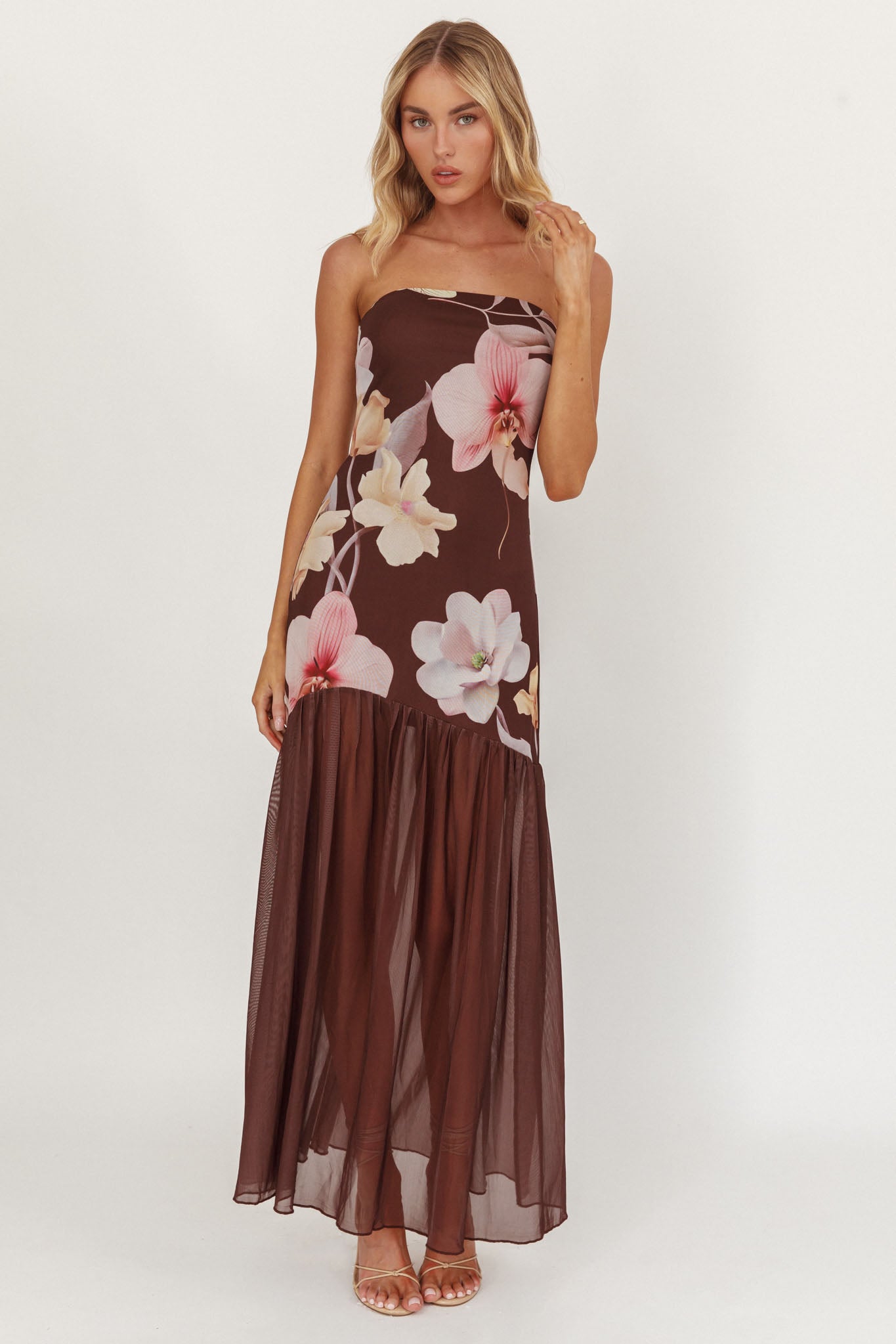 Shop the Wilma Sheer Hem Strapless Midi Dress Orchids Brown