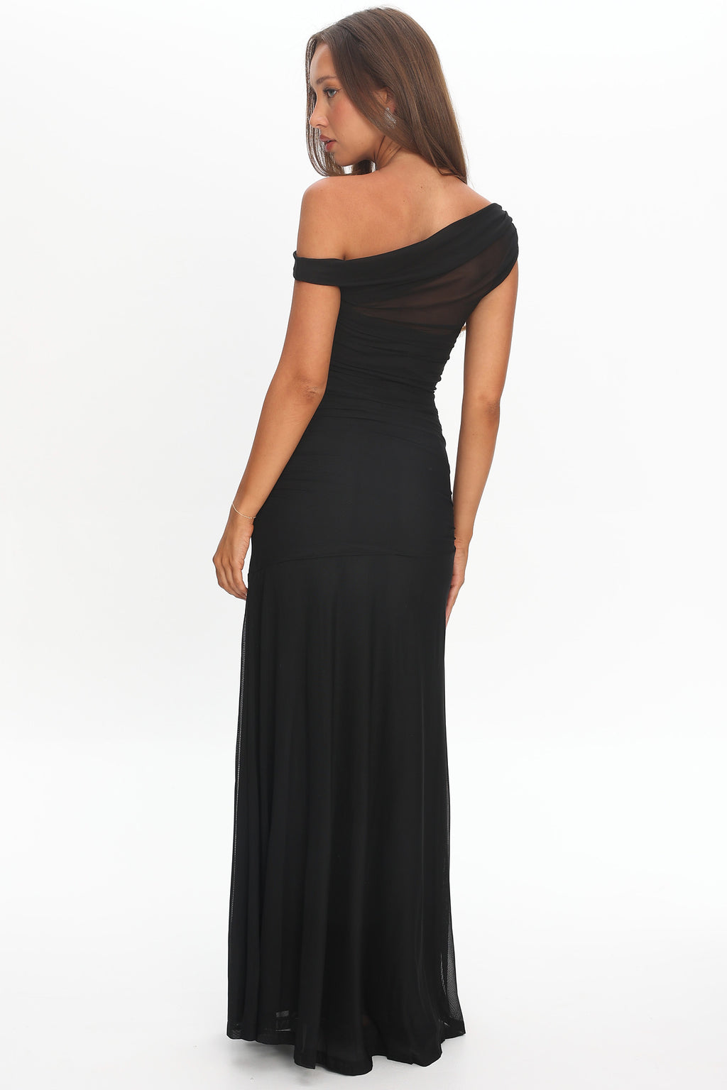 Lylah Asymmetric Neckline Mesh Maxi Dress Black | Selfie Leslie Australia