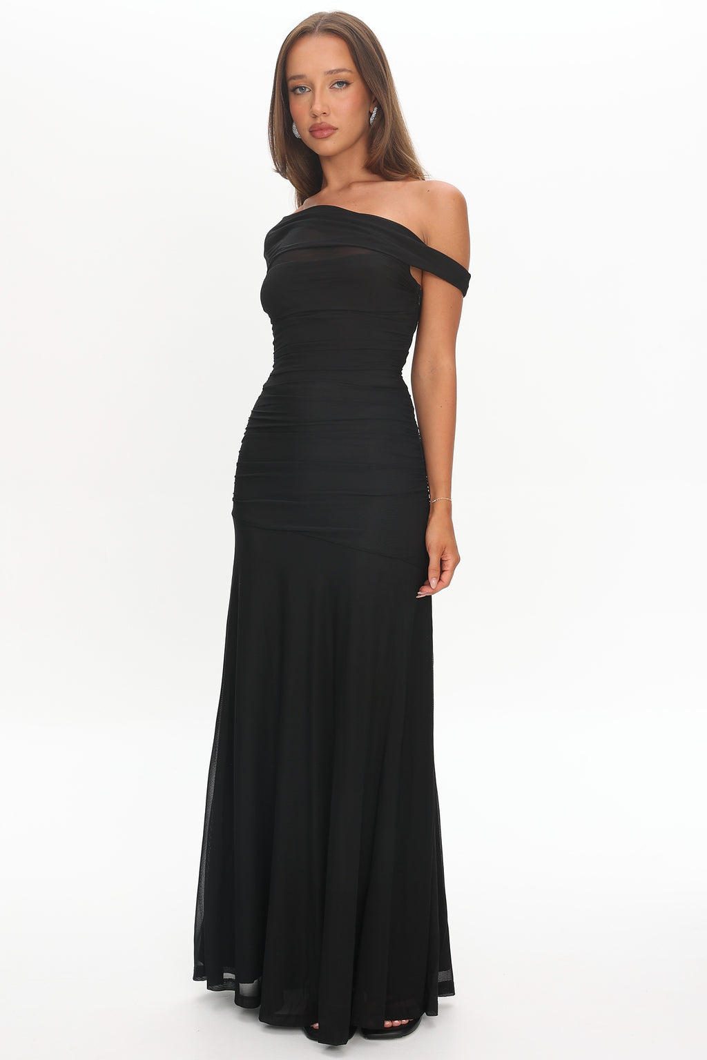 Lylah Asymmetric Neckline Mesh Maxi Dress Black | Selfie Leslie Australia