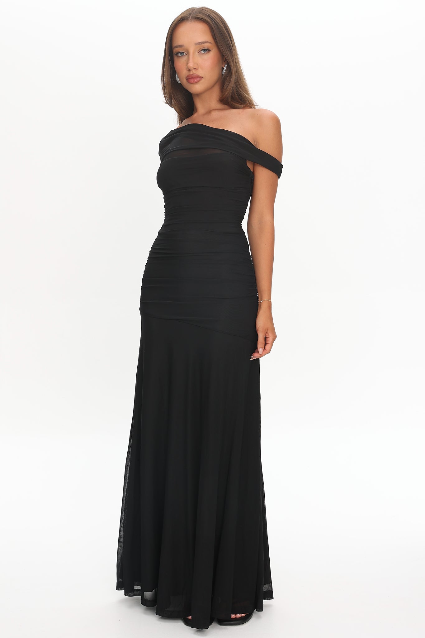 Lylah Asymmetric Neckline Mesh Maxi Dress Black | Selfie Leslie Australia