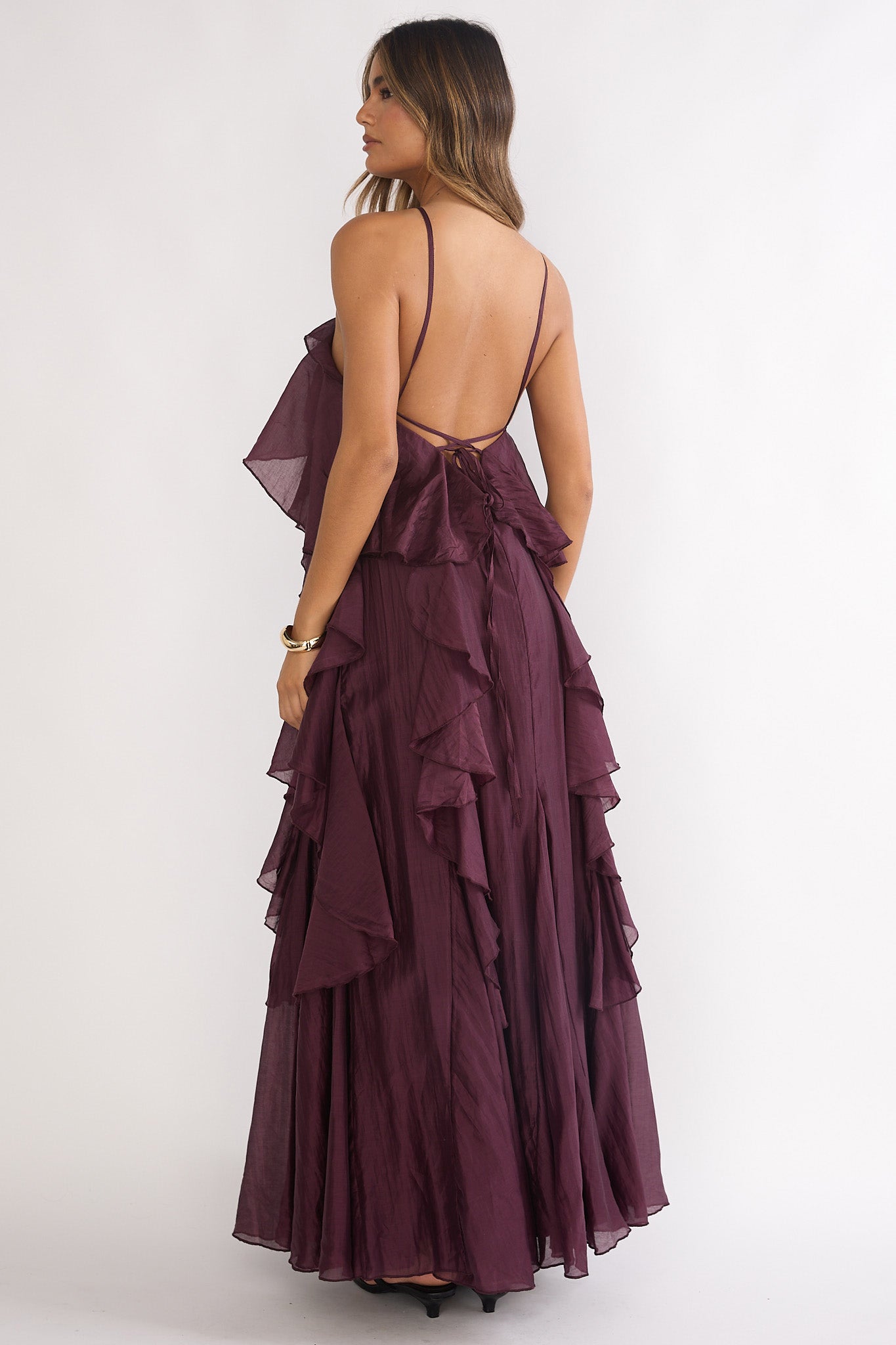 Shop the Secret Rendezvous Layered Ruffle Maxi Dress Maroon