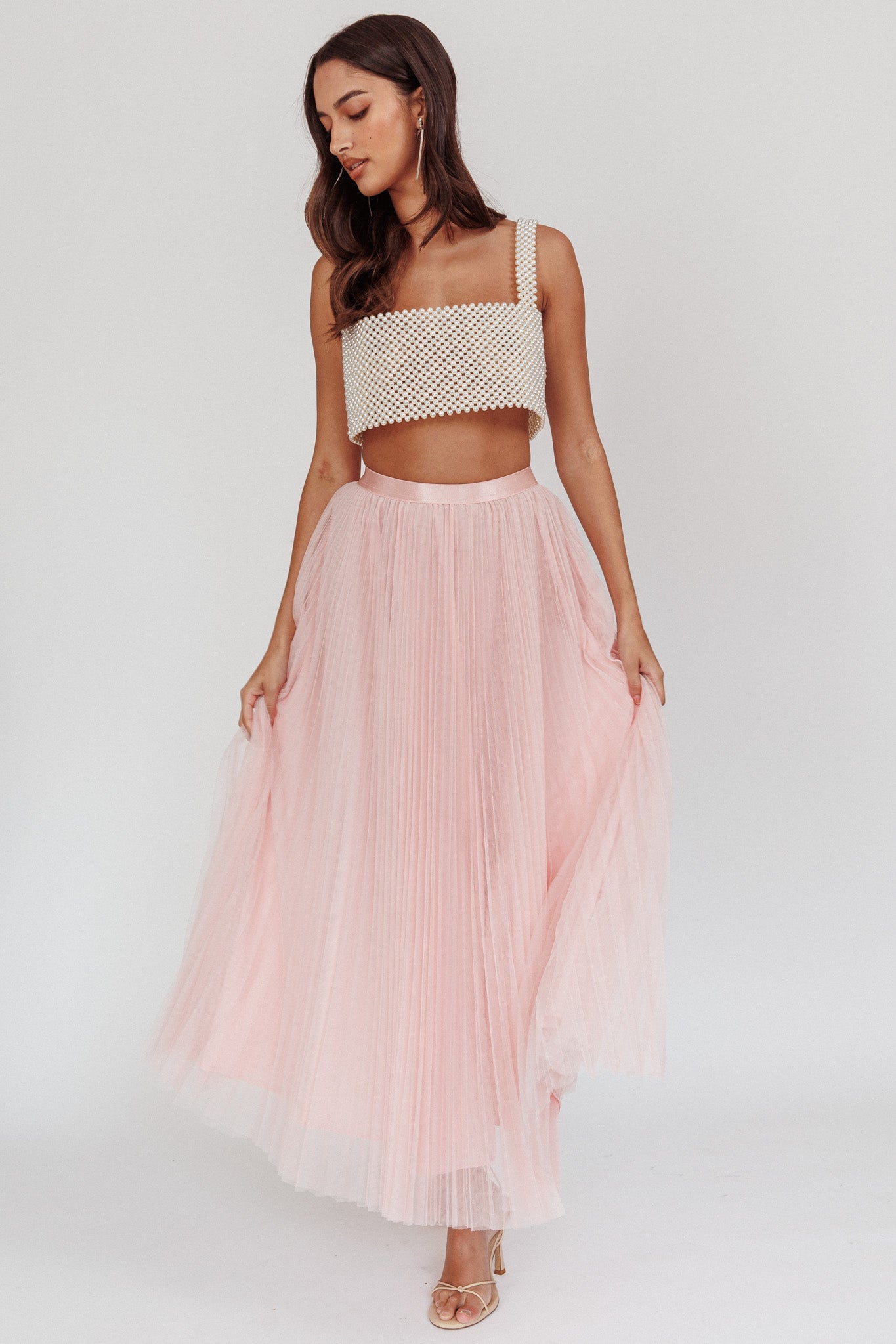 Shop the Kristine Accordion Pleat Tulle Maxi Skirt Dusty Pink