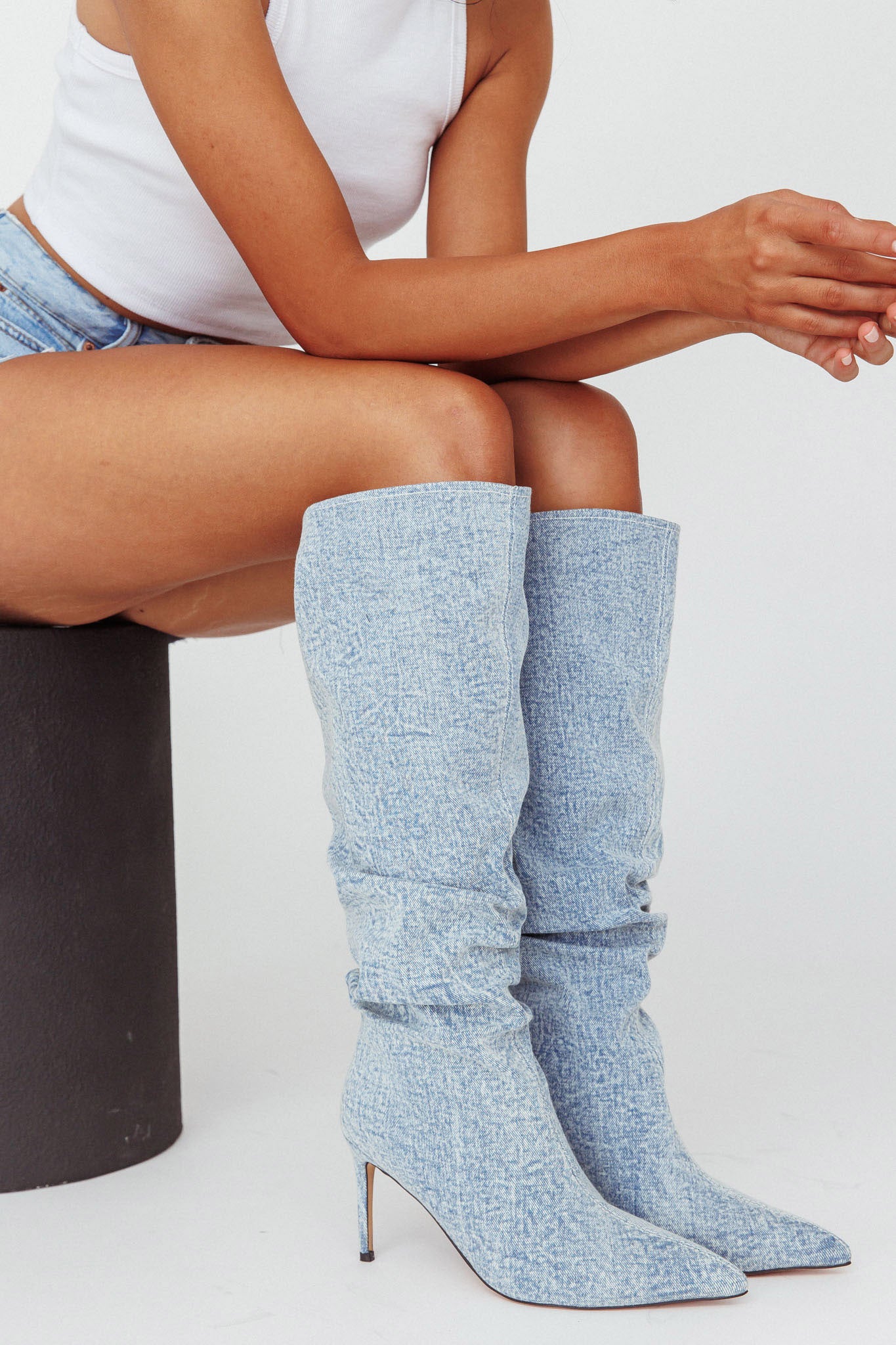 Shop the AZALEA WANG Pentagon-Denim Stiletto Boot