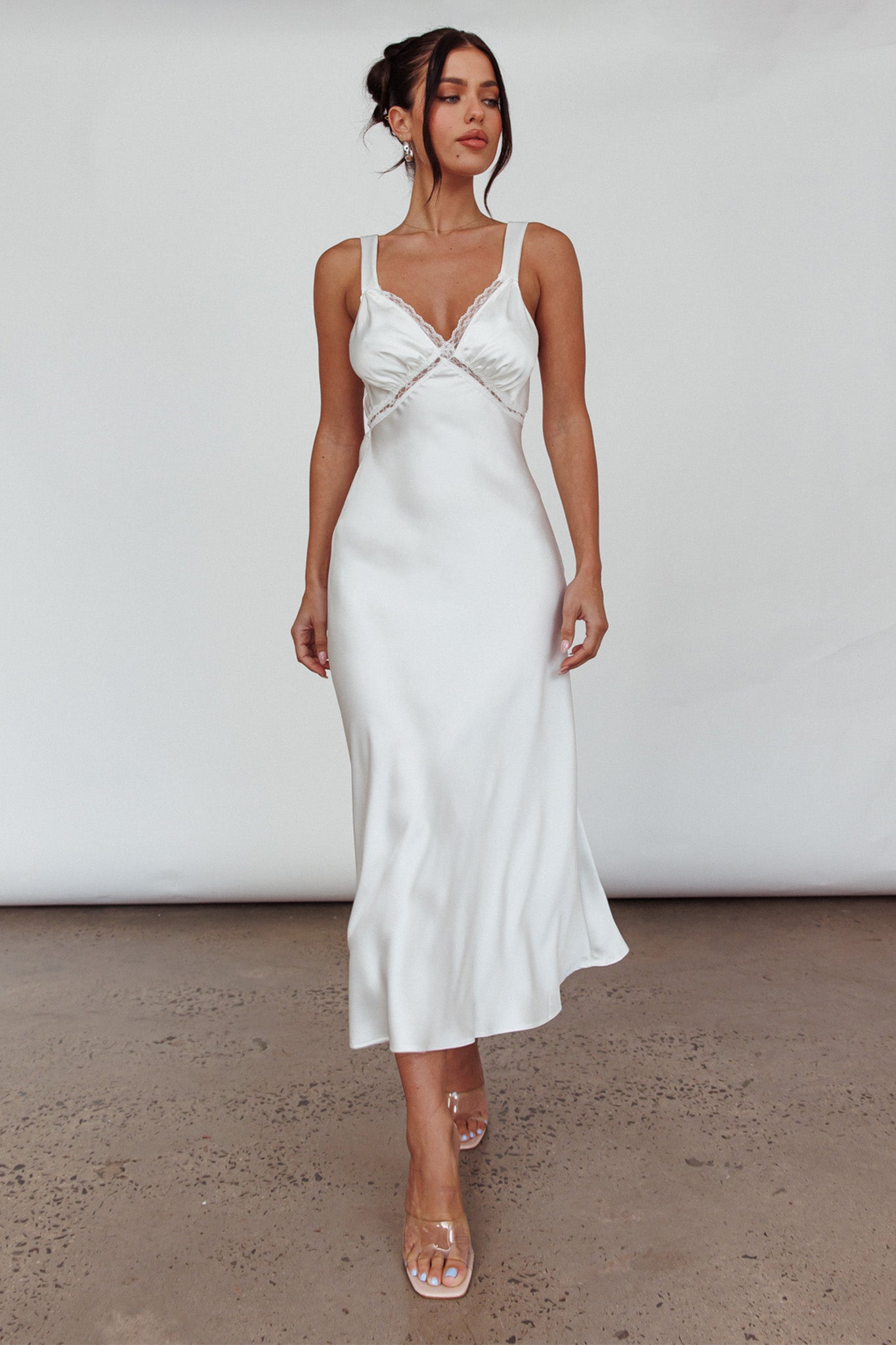 Shop the Nyah Lace Trim Midi Dress Off White | Selfie Leslie Australia