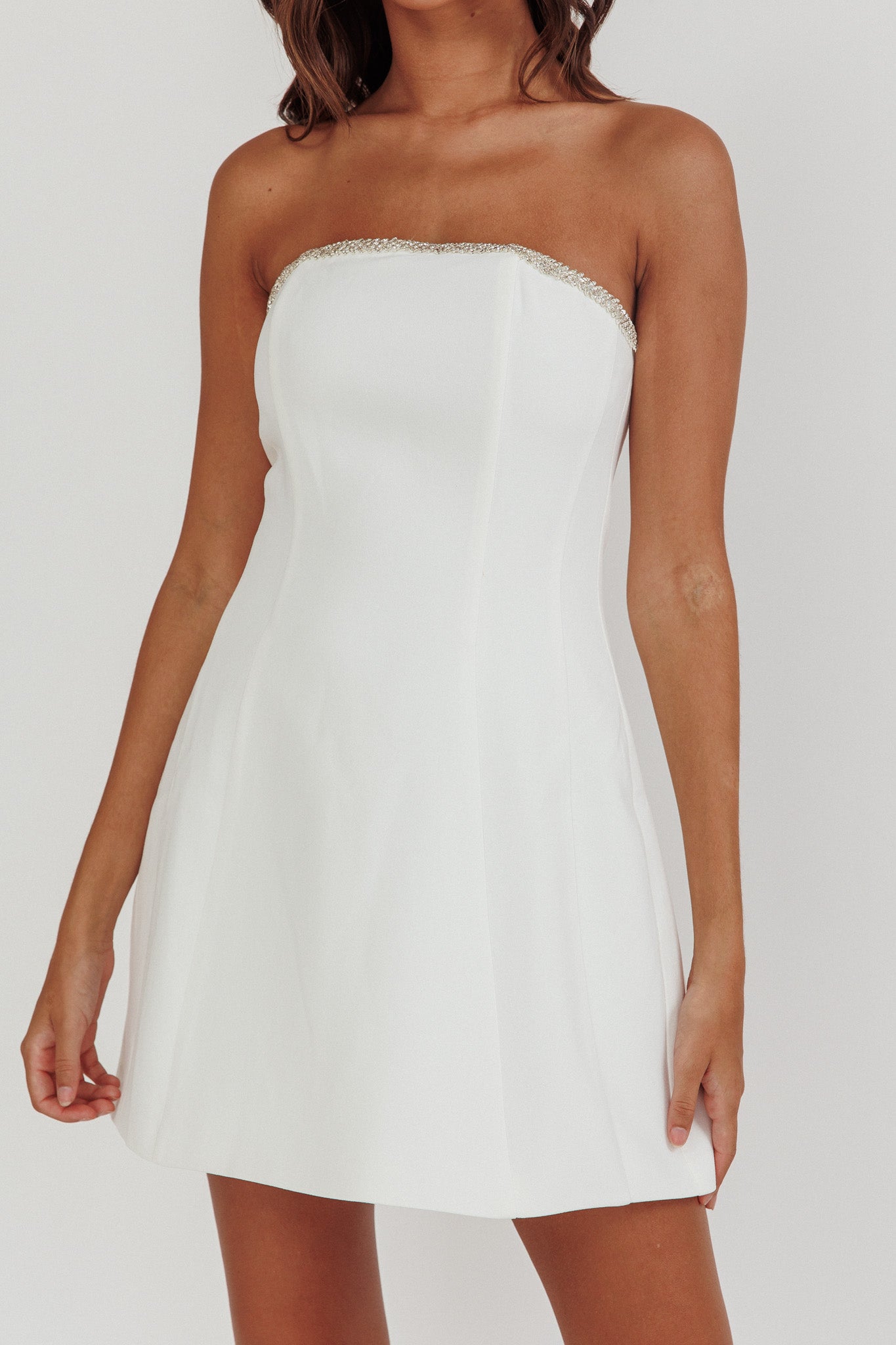 Shop the Macaila Rhinestone Trim Strapless Mini Dress Off White ...