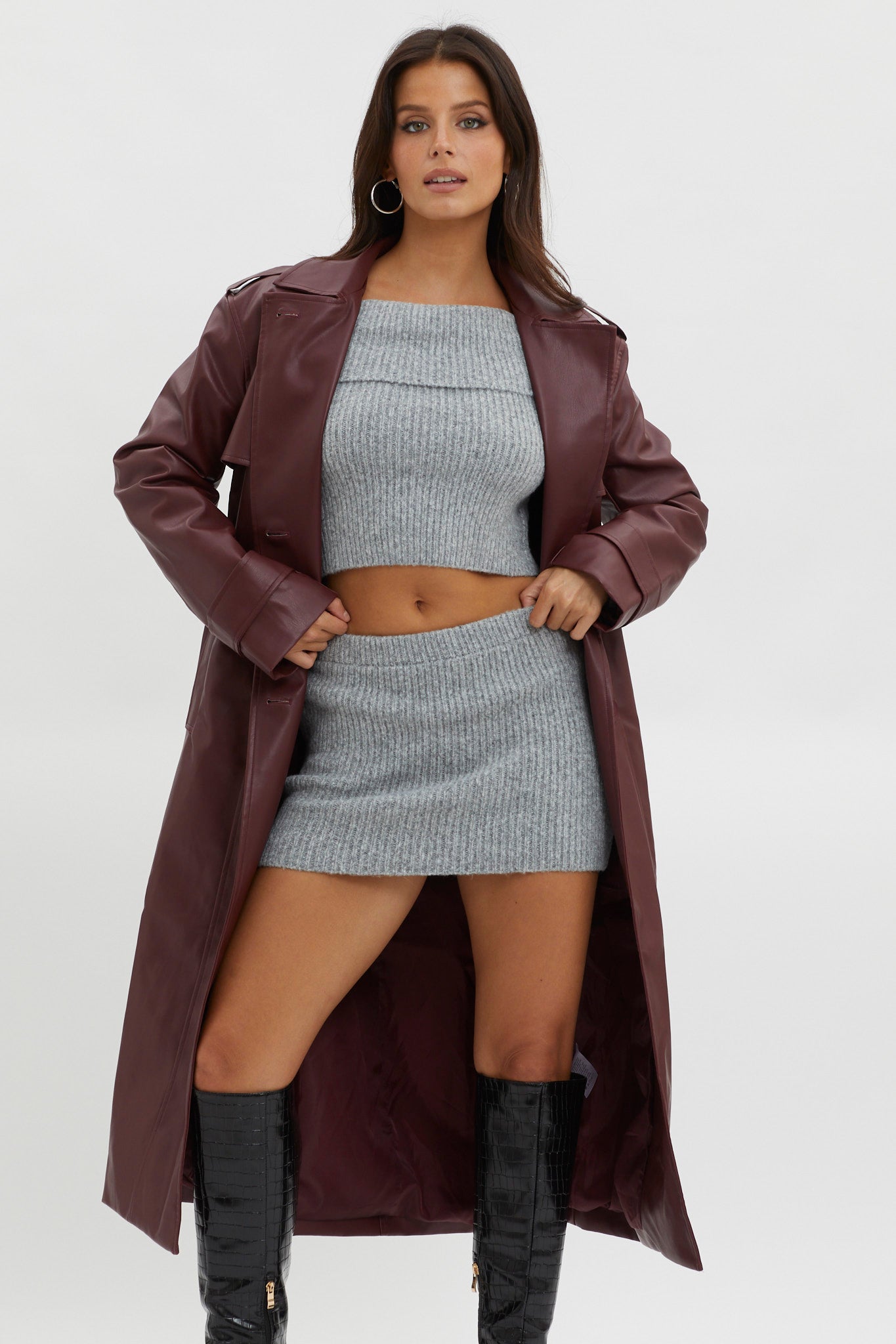 Shop the Zen Faux Leather Trench Coat Burgundy