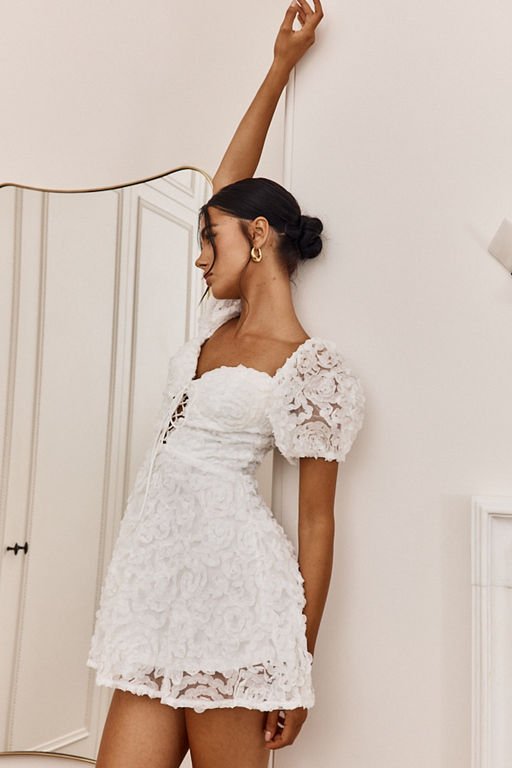 Imogen Laced Bodice Embellished Mini Dress Off White | Selfie Leslie ...