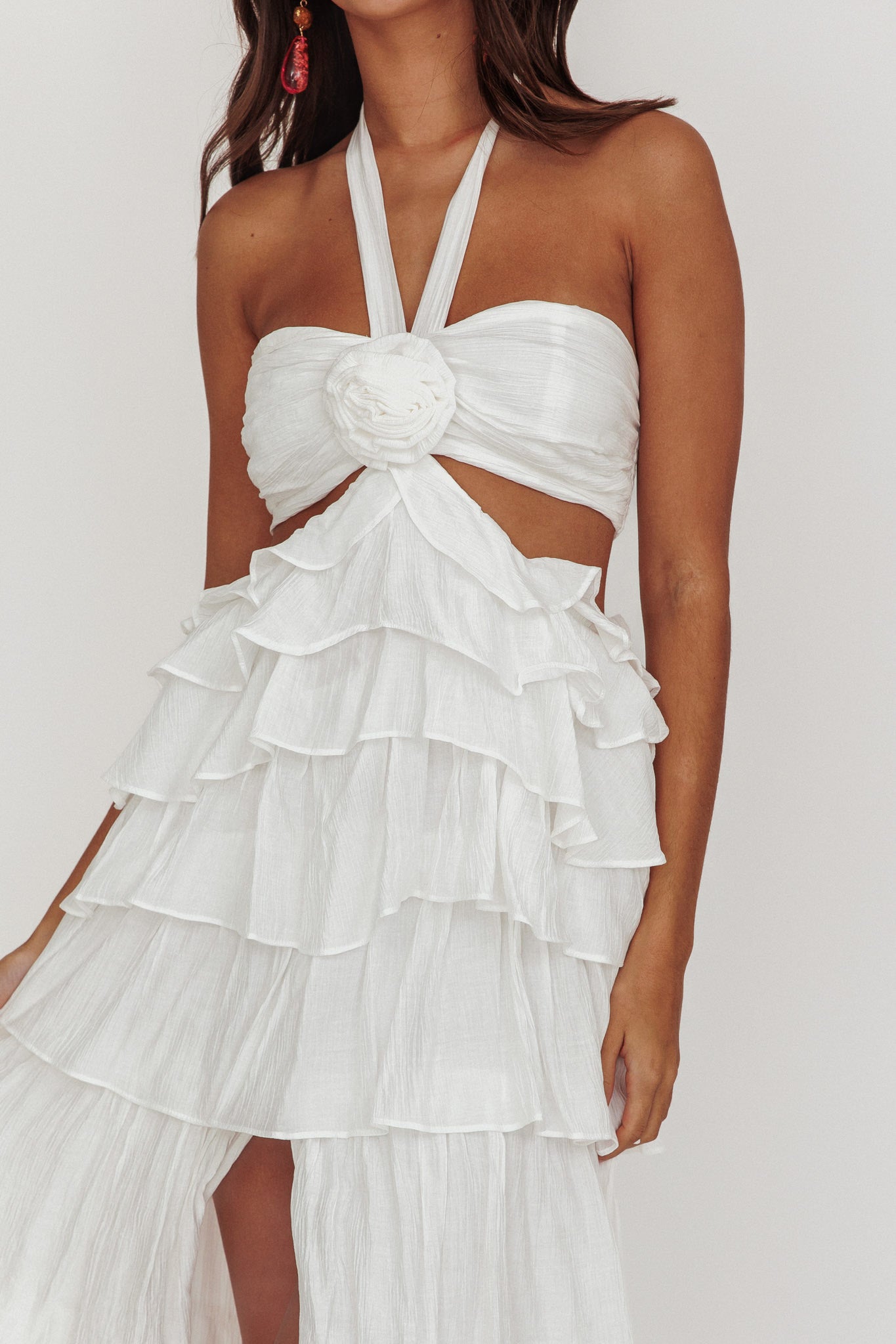 Shop the Morpheus Ruffle Halterneck Maxi Dress Off White | Selfie ...