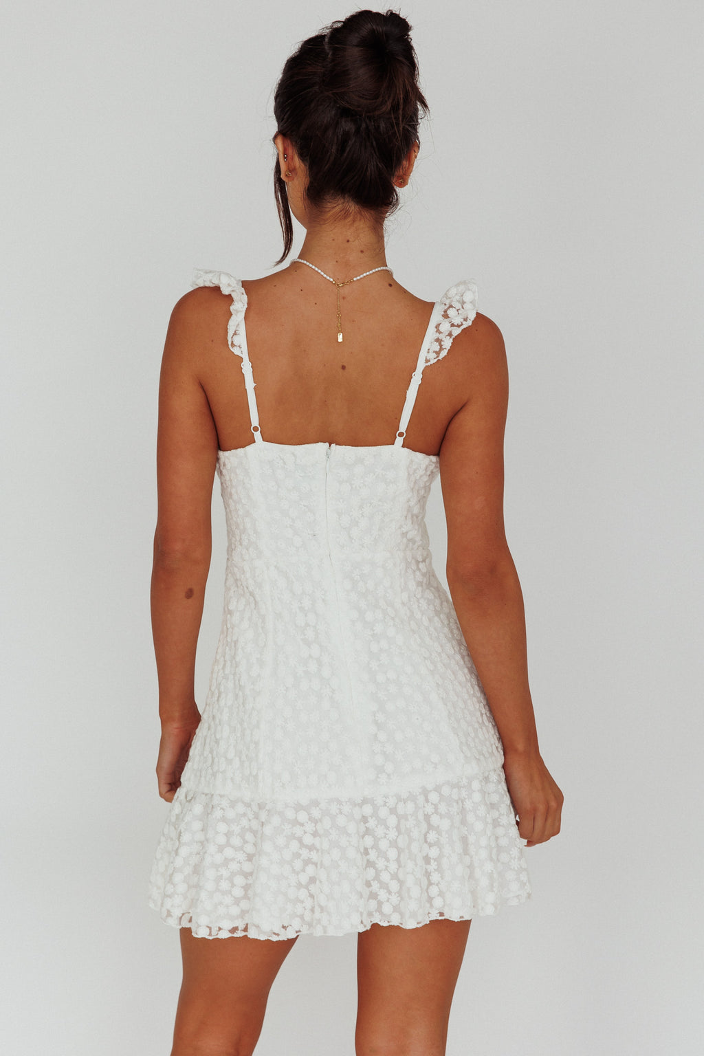 Shenay Ruffle Strap Embroidered Mini Dress White | Selfie Leslie Australia