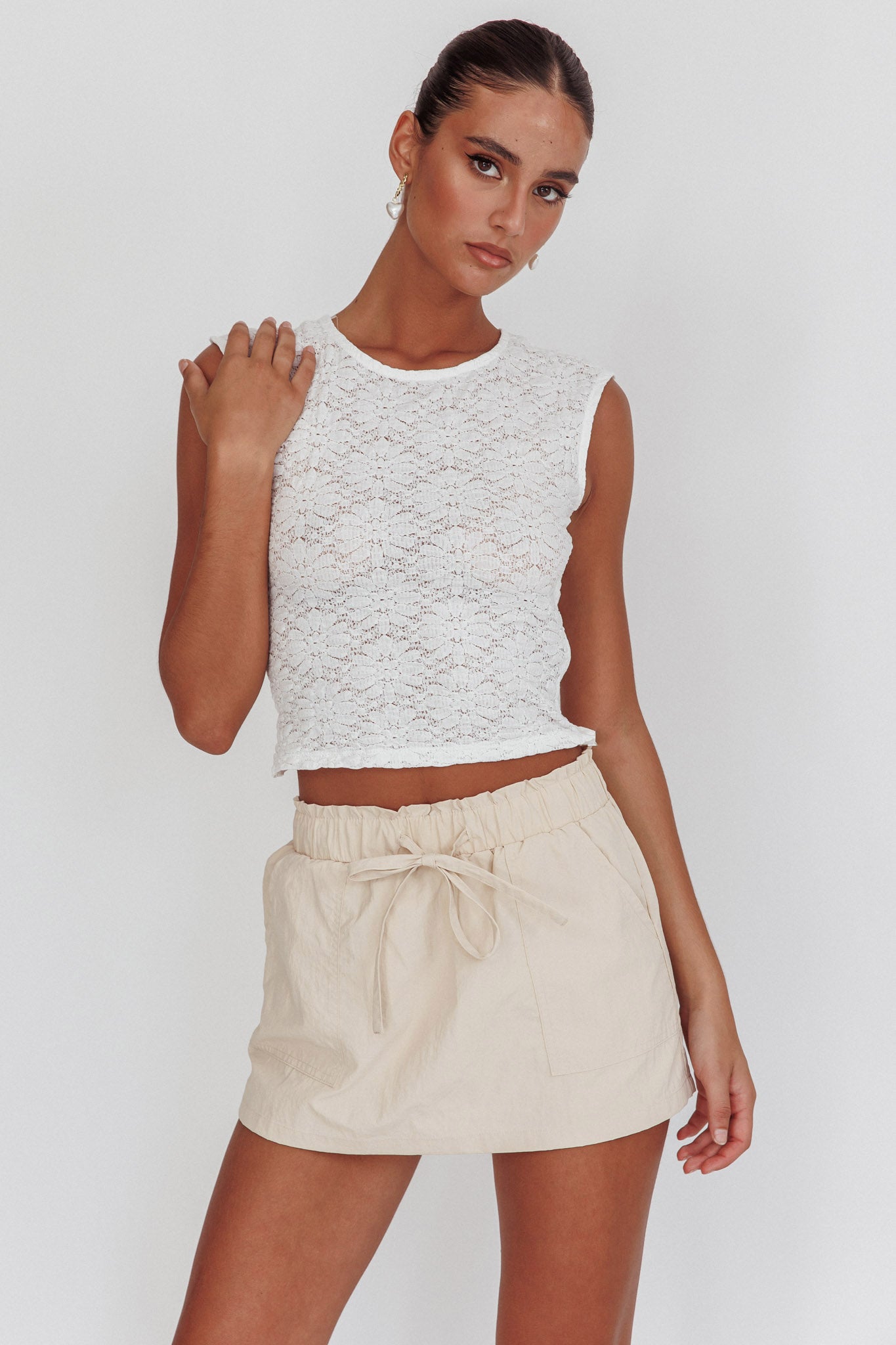Shop the Eka Drawstring Mini Skort Cream | Selfie Leslie Australia