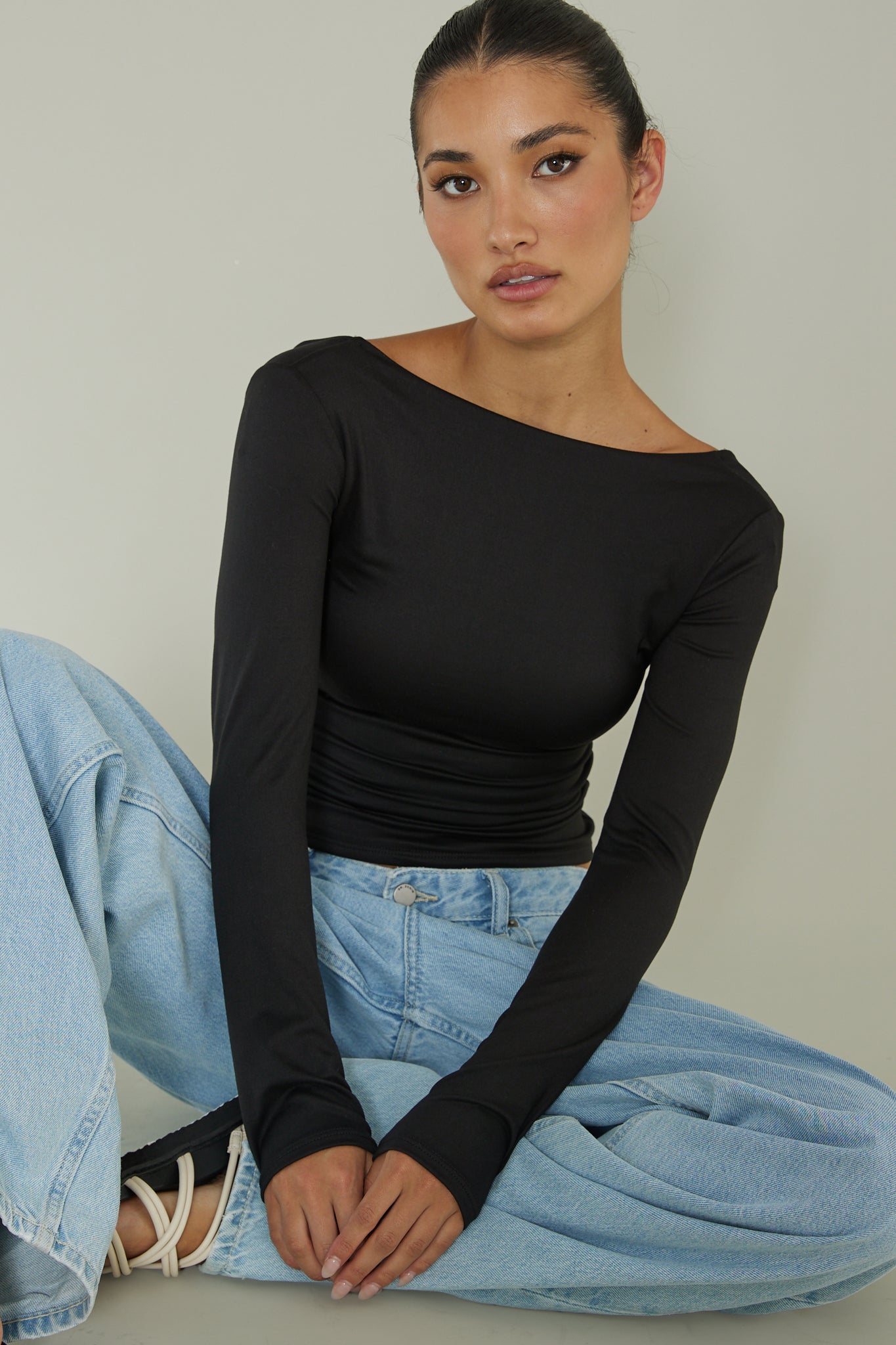 Cheers Boat Neck Long Sleeve Top Black | Selfie Leslie Australia
