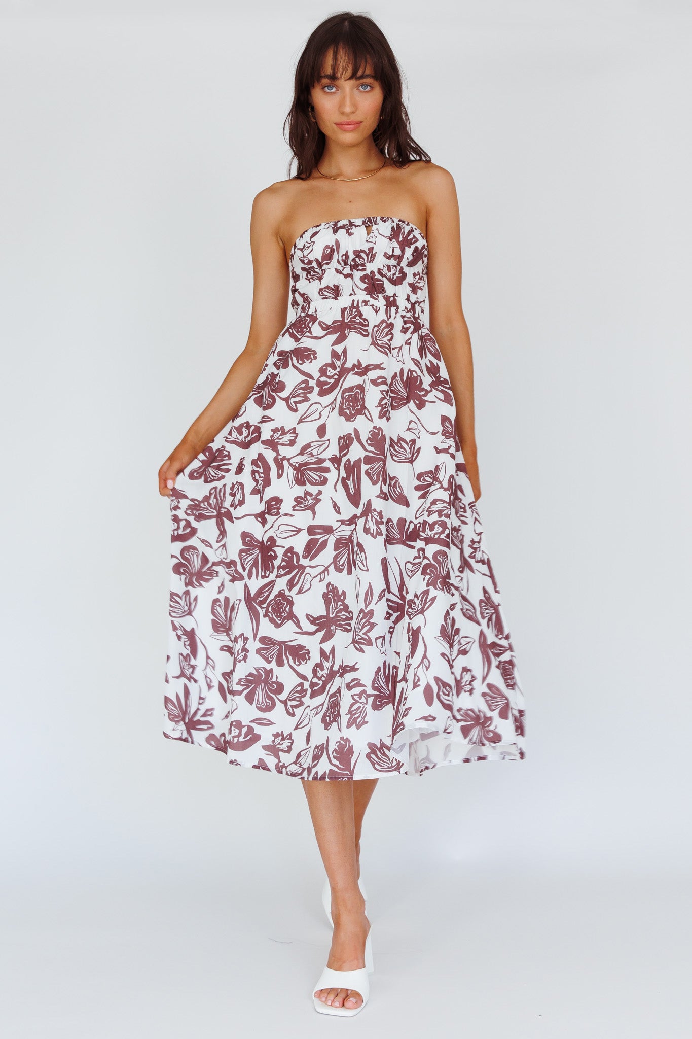 Caloundra Strapless Midi Dress Floral Walnut | Selfie Leslie Australia