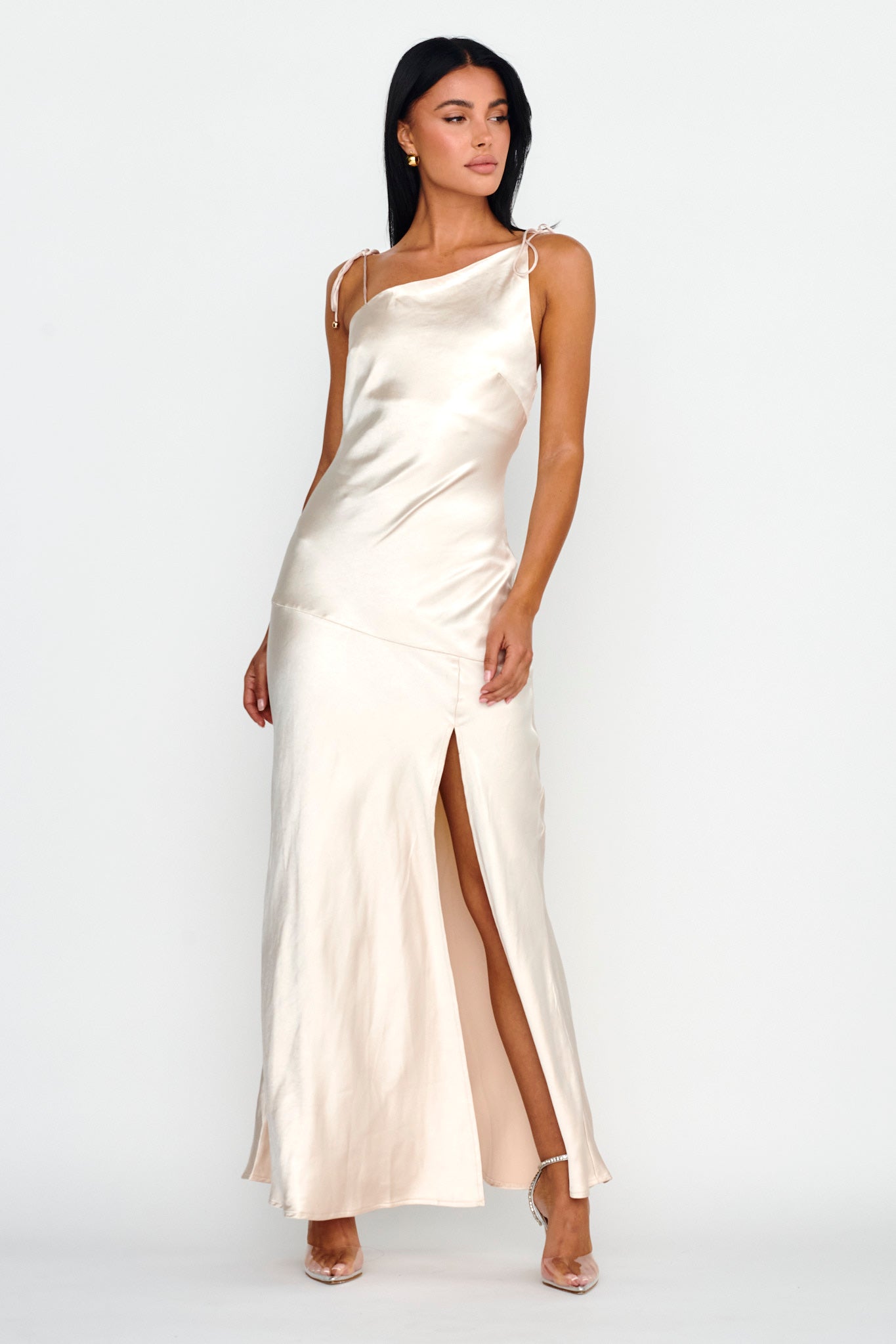 Shop the Heart's Desire String-Tie Shoulder Dress Champagne | Selfie ...