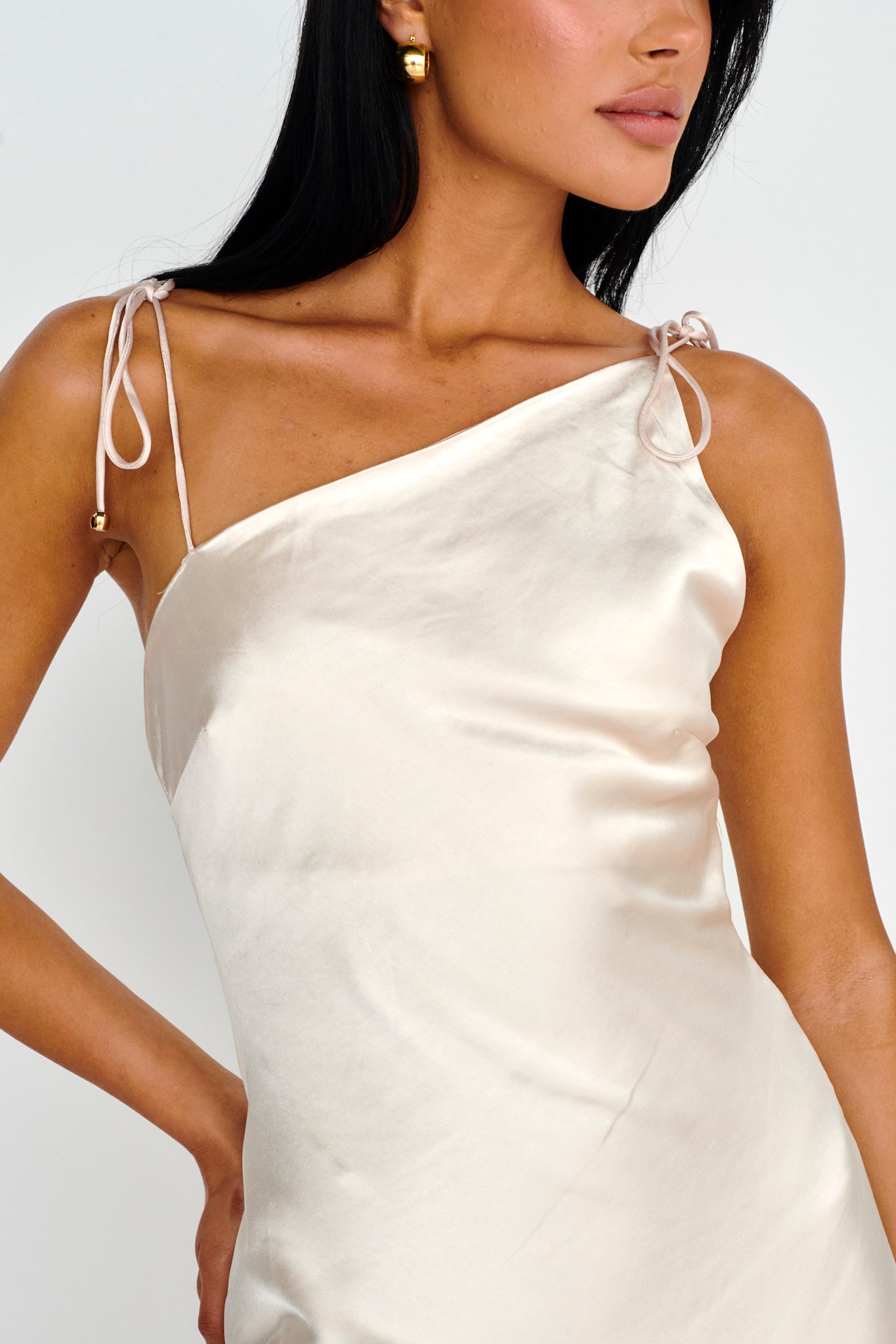 Shop the Heart's Desire String-Tie Shoulder Dress Champagne | Selfie ...
