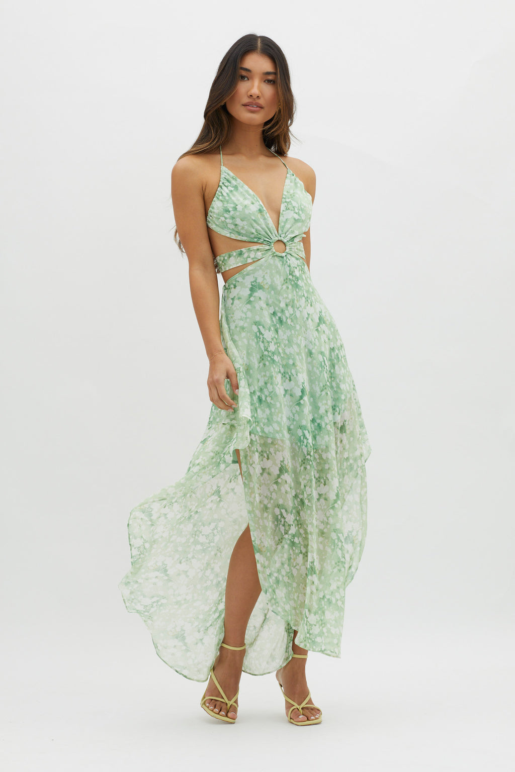 Shop the Samia Cut-Out Halterneck Midi Dress Print Green