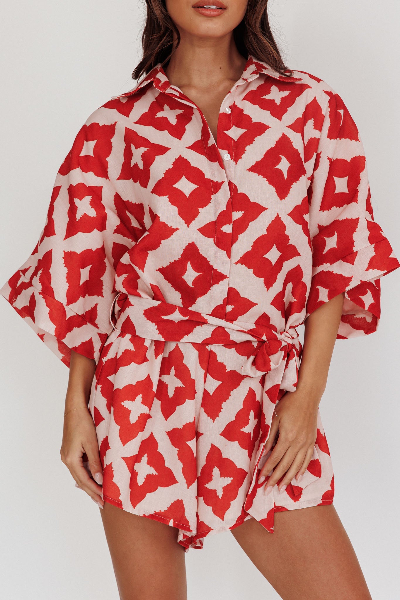 Shop the Daytona Beach Button-Up Romper Print Burgundy | Selfie Leslie ...