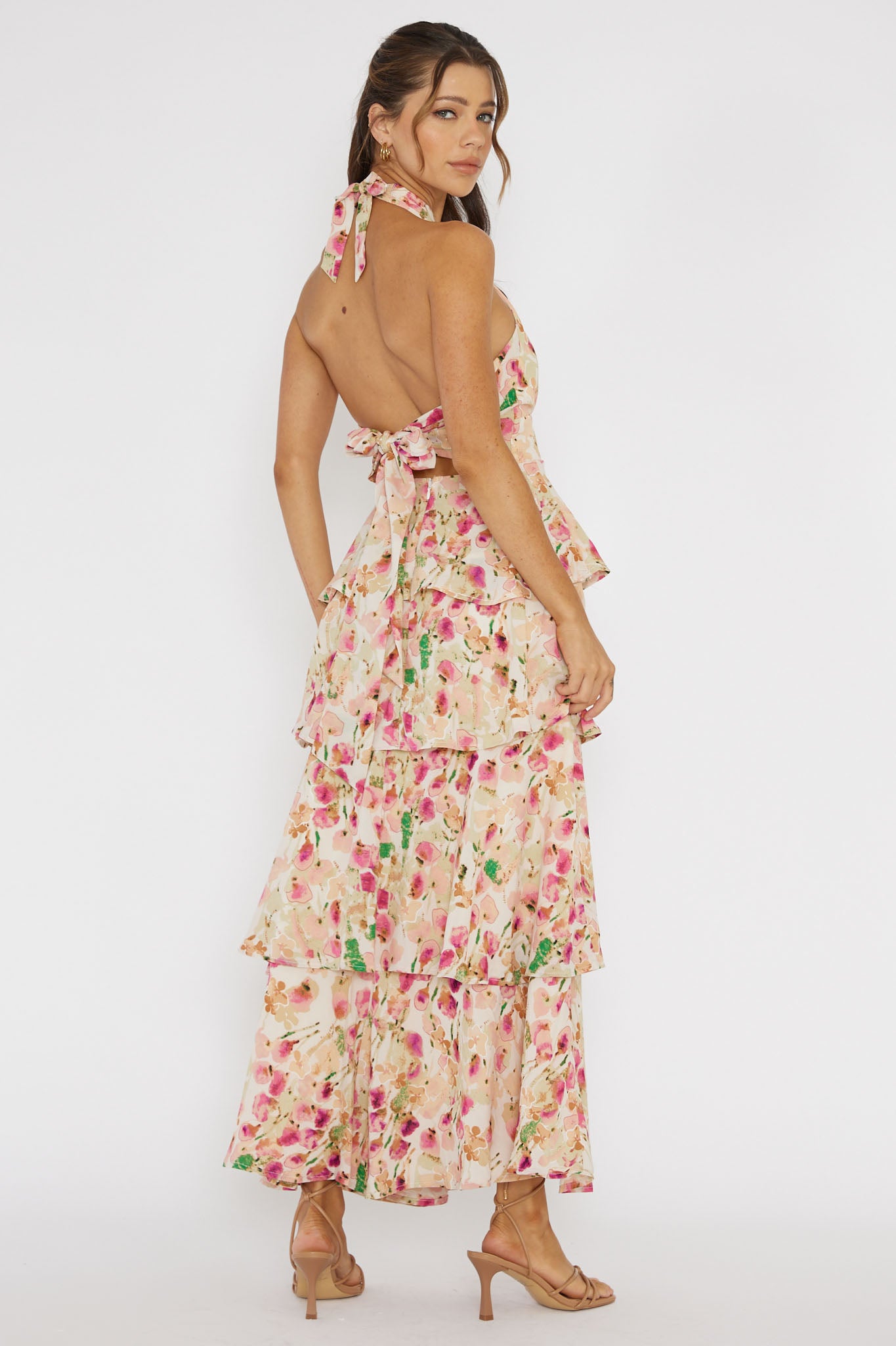 Shop the Provence Bloom Tiered Halterneck Dress Pink | Selfie Leslie ...
