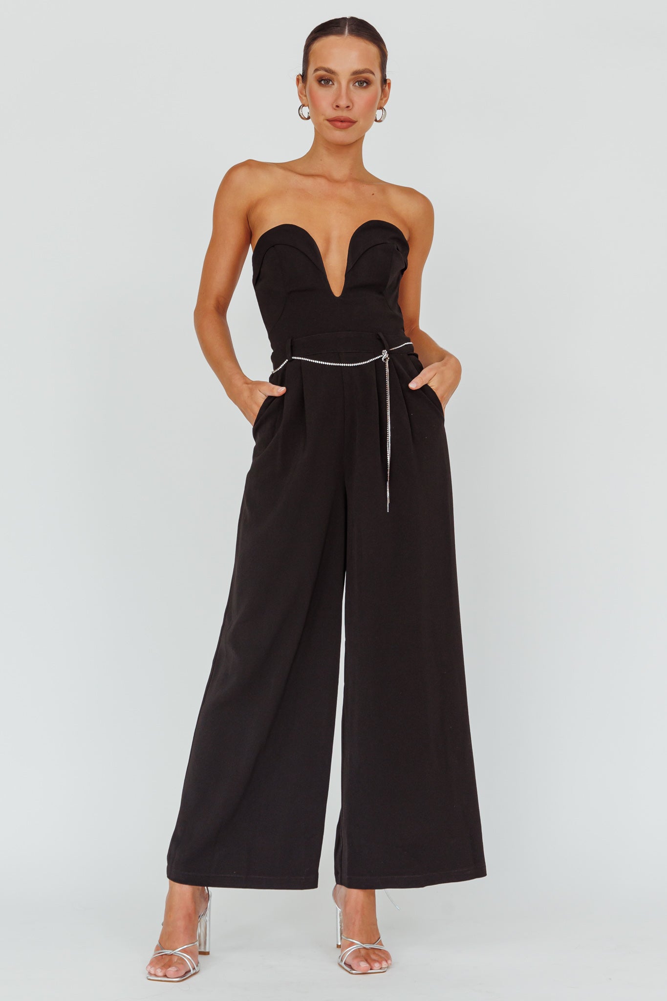 Shop the Kayte Strapless Belted Waist Jumpsuit Black | Selfie Leslie ...