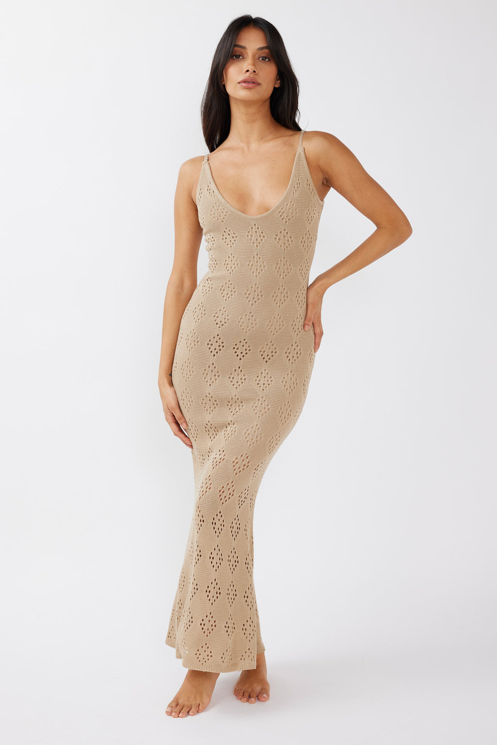 Shop the Raven Cami Strap Crochet Maxi Dress Sand