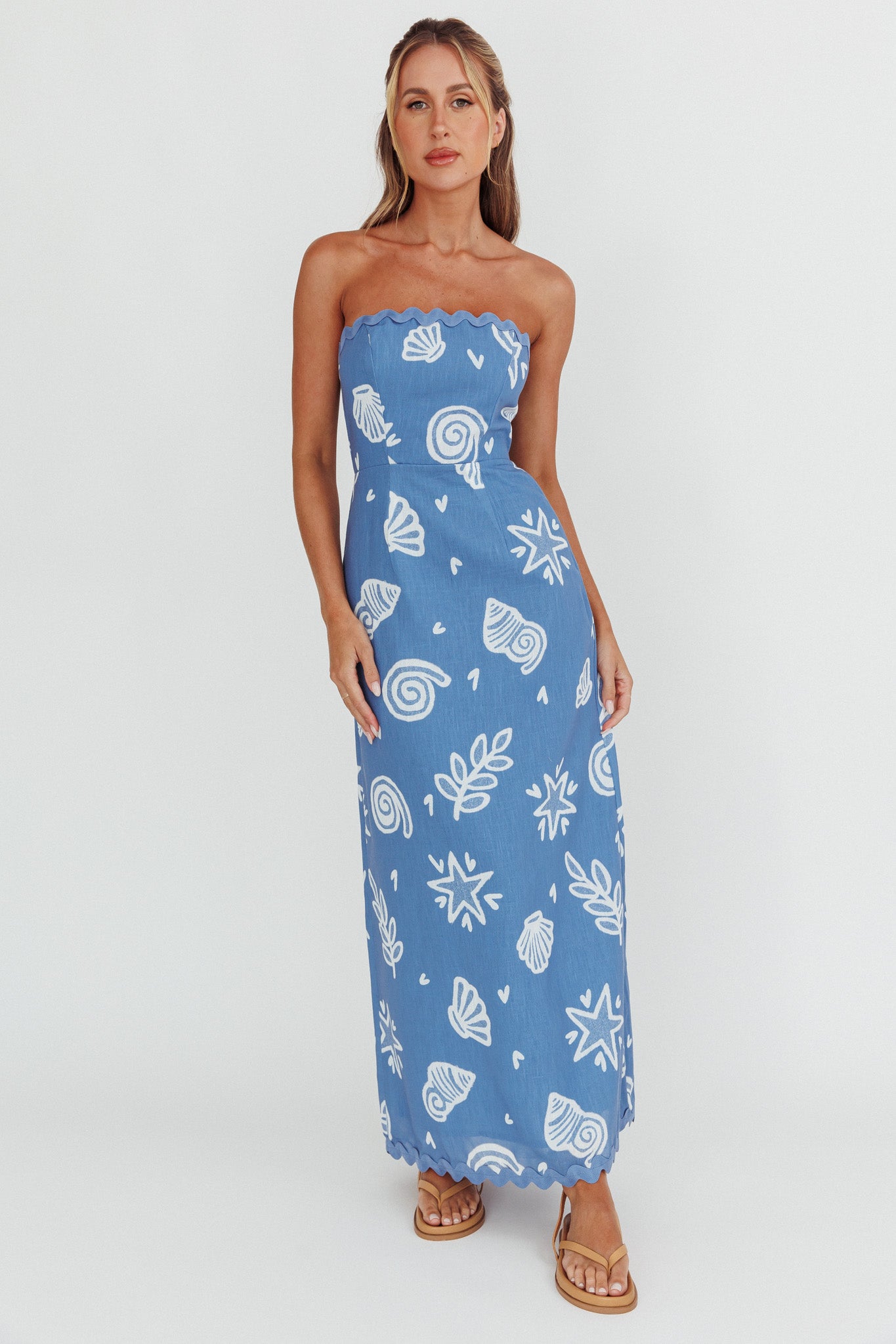 Shop the Cypress Ric Rac Trim Strapless Dress Shell Blue