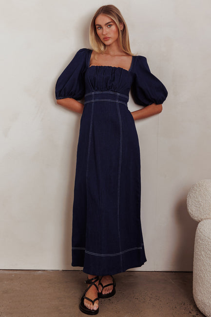 Shop the Sibille Puff Sleeve Maxi Dress Denim Indigo | Selfie Leslie ...