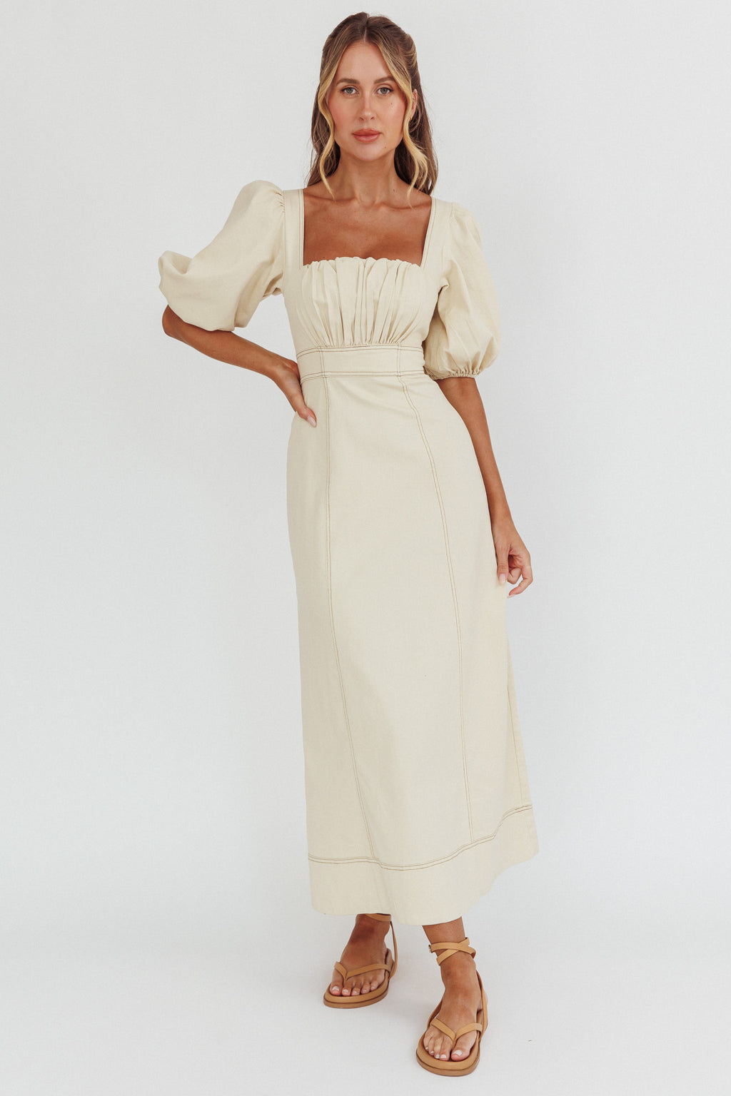Shop the Sibille Puff Sleeve Contrast Stitch Dress Butter